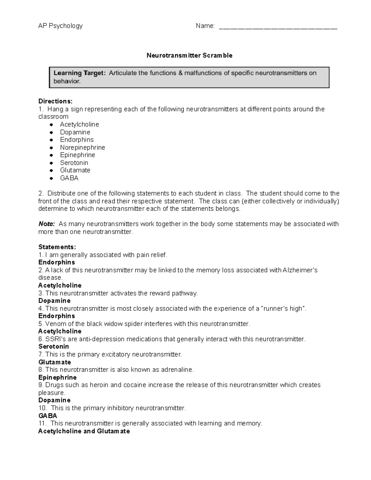 Psychology Neurotransmitter Scramble Worksheet - AP Psychology Name ...