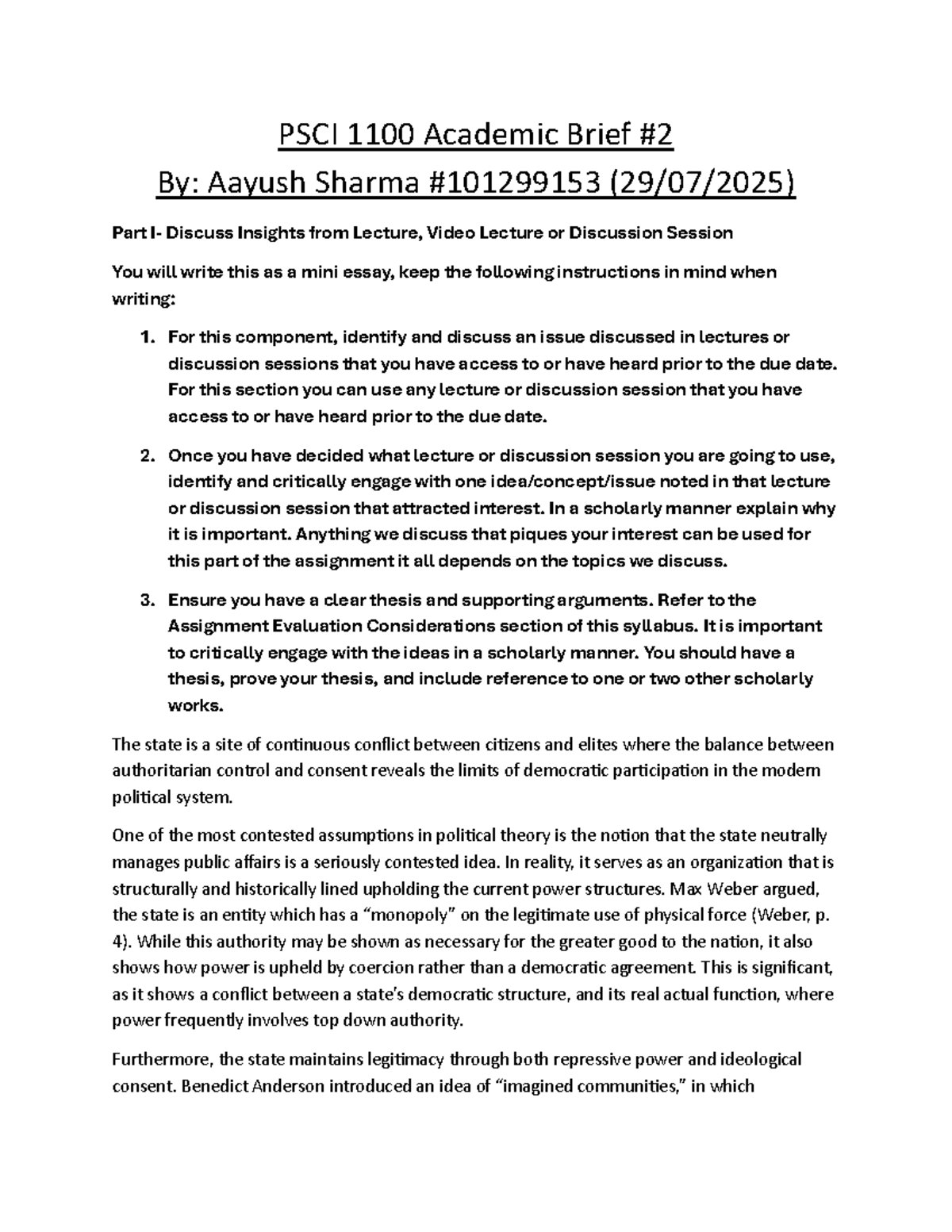 PSCI 1100 Academic Brief #2: Insights from Lectures and Current Events ...