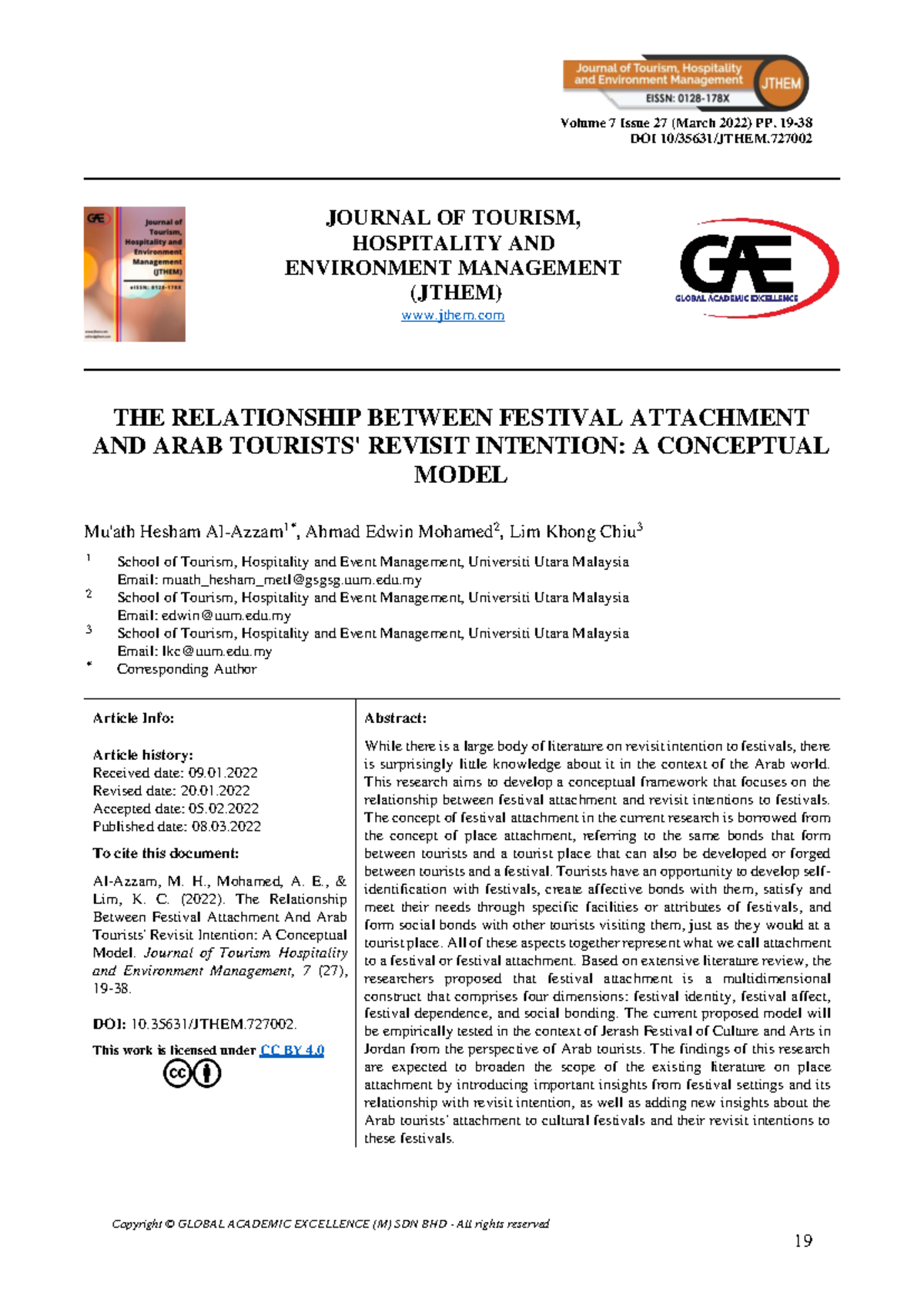 JTHEM 7(27): Festival Attachment and Arab Revisit Intention Model - Studocu
