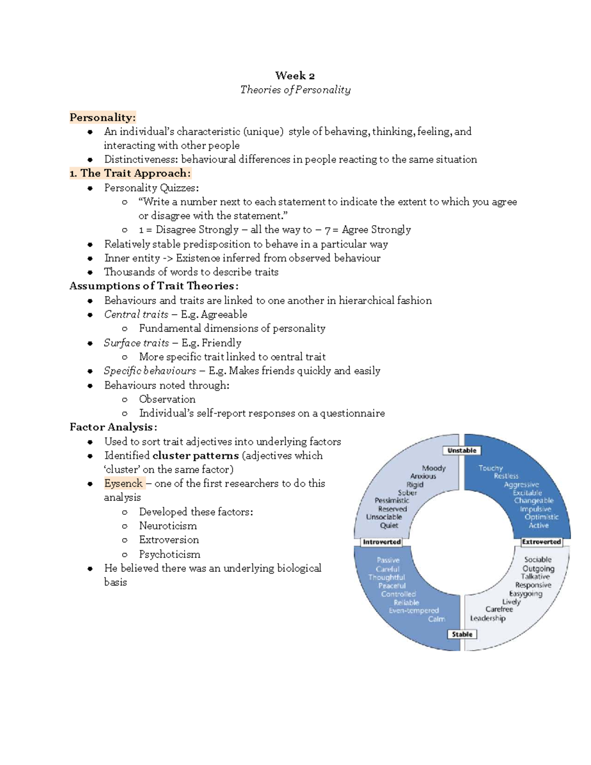 Psych 101: Week 2 - Theories of Personality Overview - Studocu