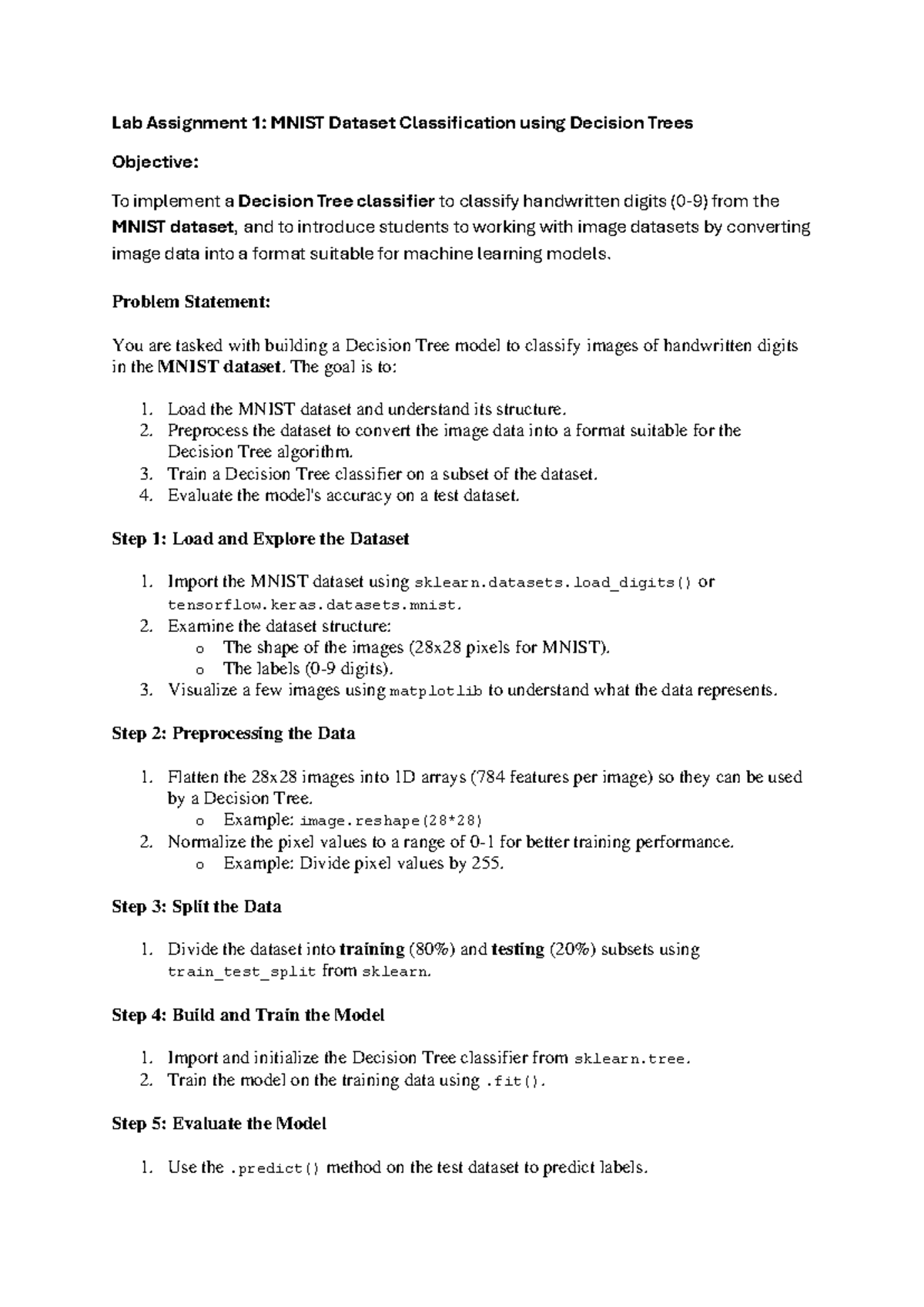 Lab Assignment 1: MNIST Classification with Decision Trees (216) - Studocu