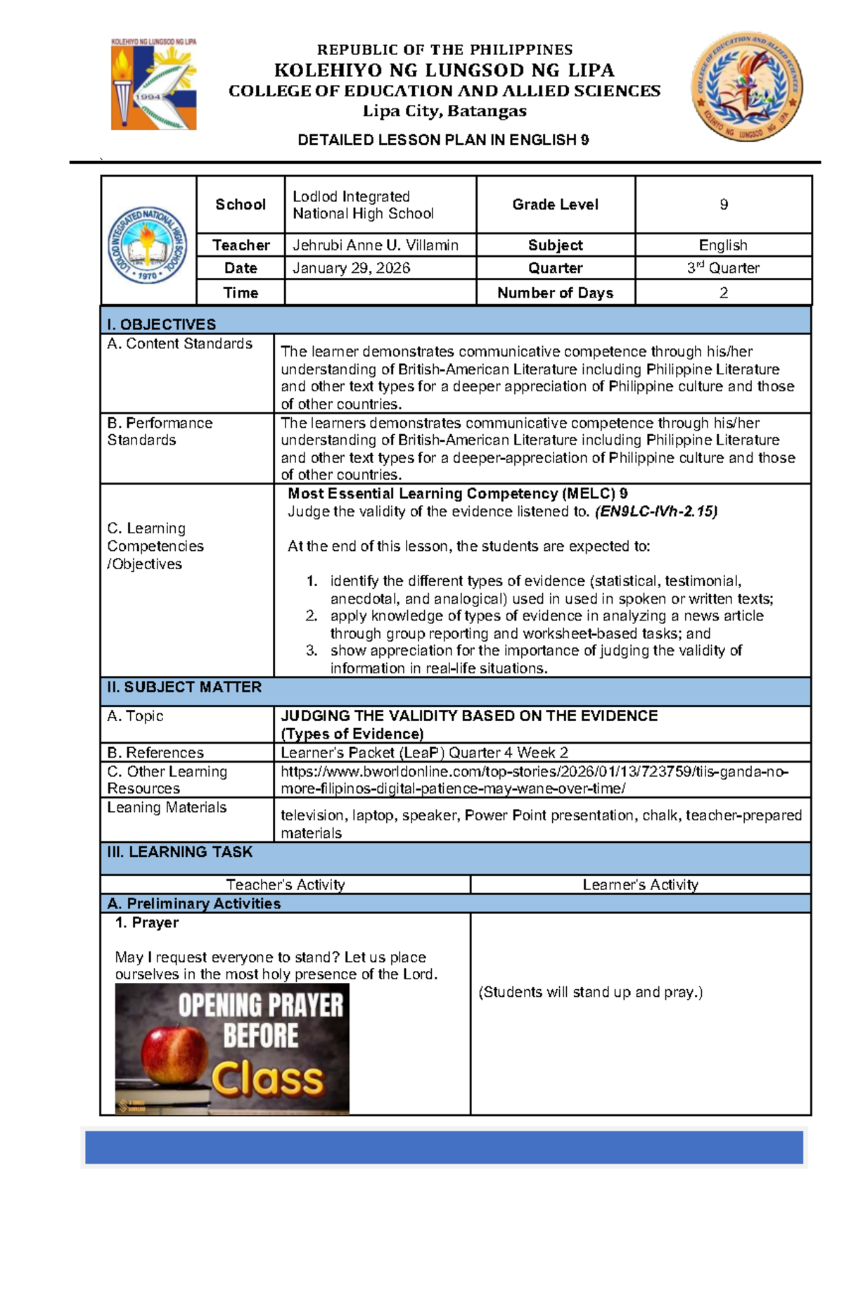 Detailed Lesson Plan in English 9: Judging Validity of Evidence - Studocu