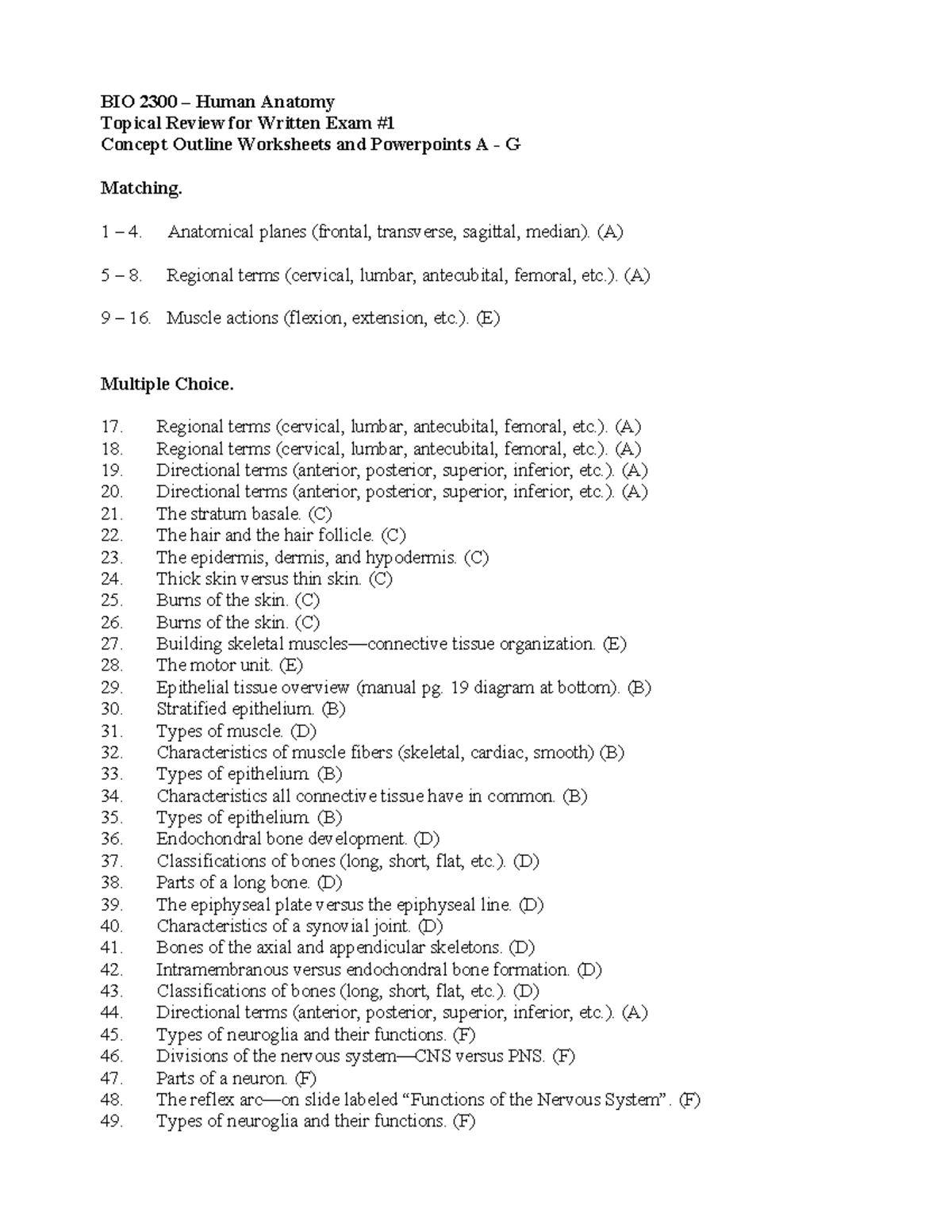 BIO 2300 Human Anatomy Final Exam Topical Review Guide - Studocu