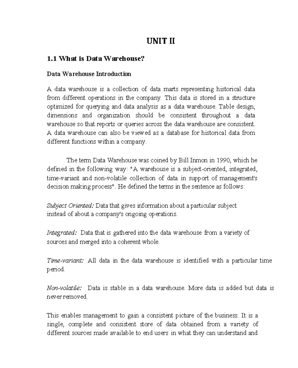 Data Mining UNIT 2: Understanding Data Warehousing Concepts - Studocu