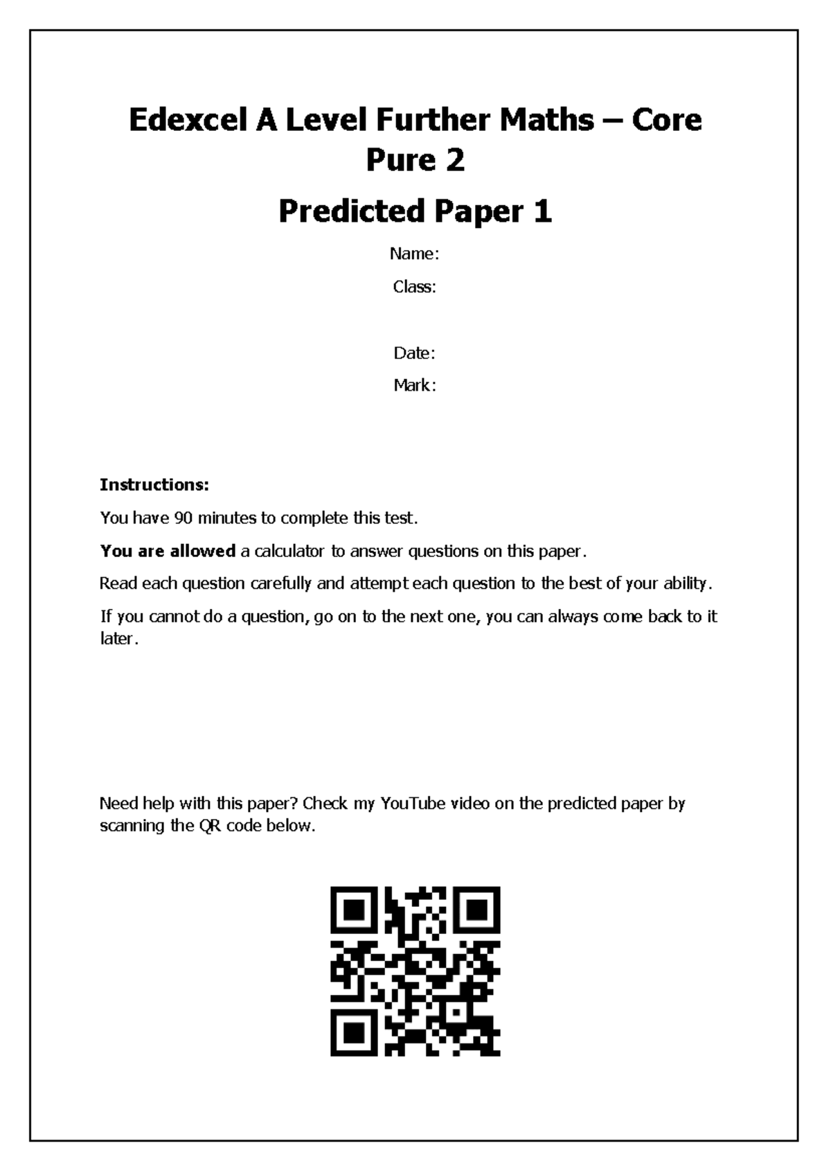 Edexcel A Level Further Maths Core Pure 2 Predicted Paper - Studocu