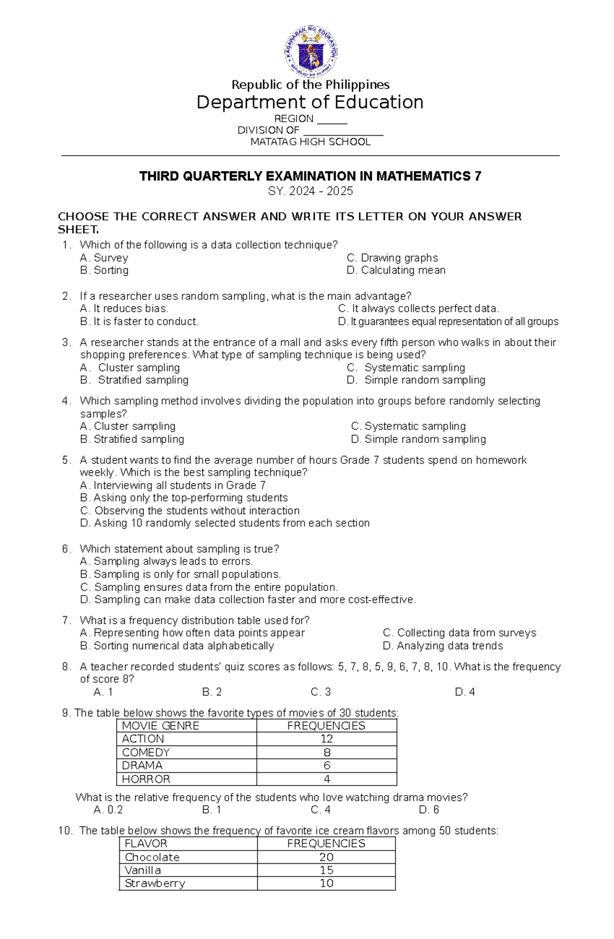 MATH 7 3rd Quarter Exam Review: 50 Items on Data & Integers - Studocu