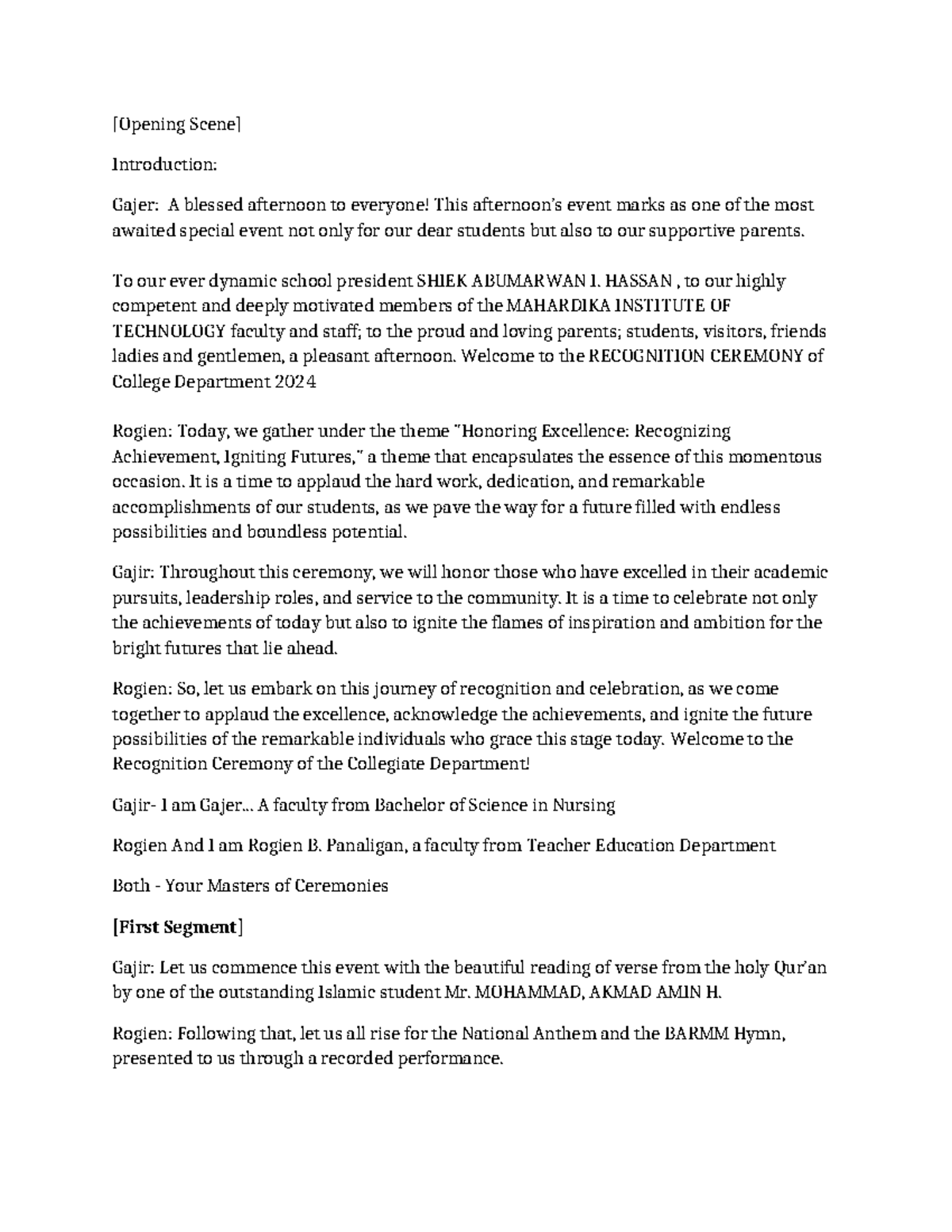 Recognition Ceremony Emcee Script for College Dept 2024 - Studocu