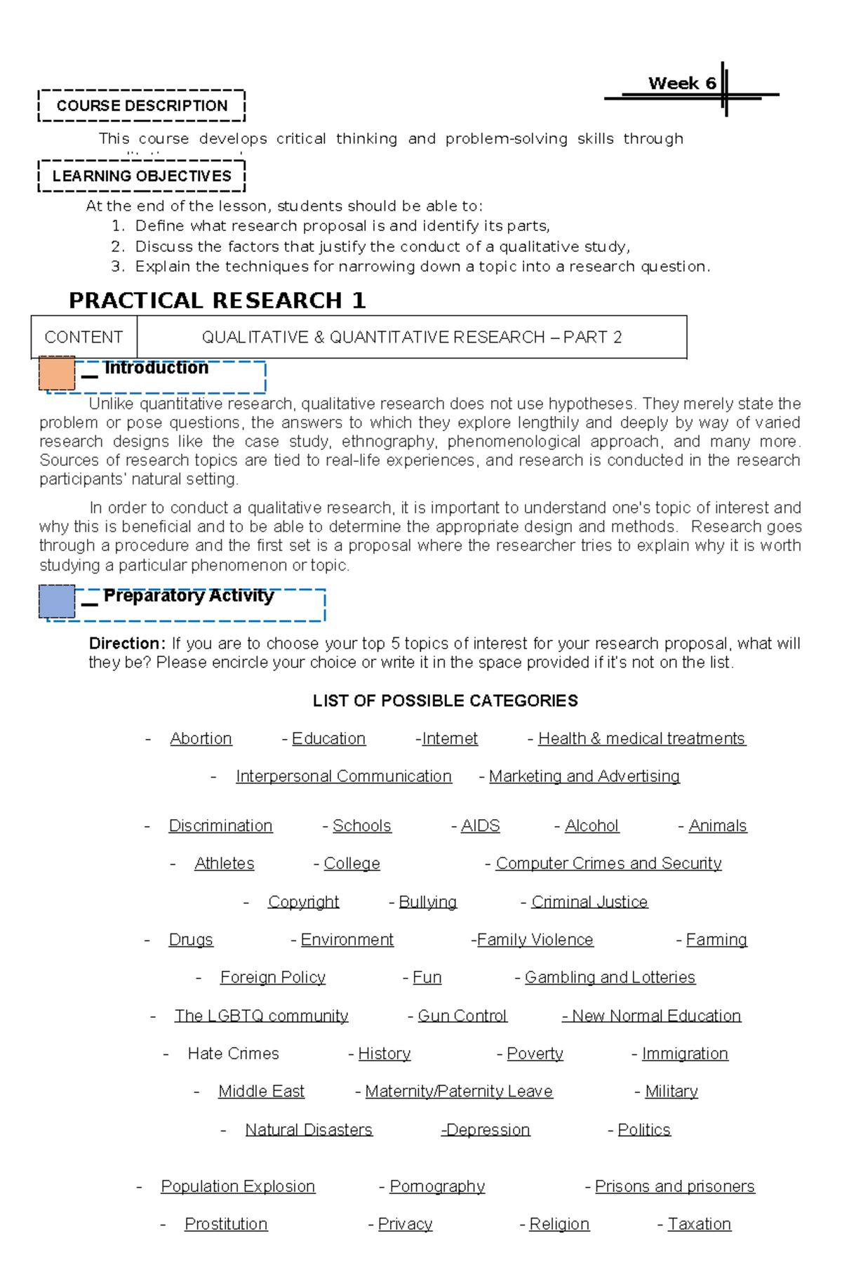 Q1 W6 - Practical Research: Qualitative Research Proposal Guide - Studocu