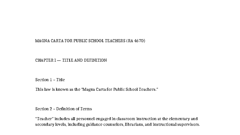 Magna Carta for Public School Teachers (RA 4670) Overview and ...