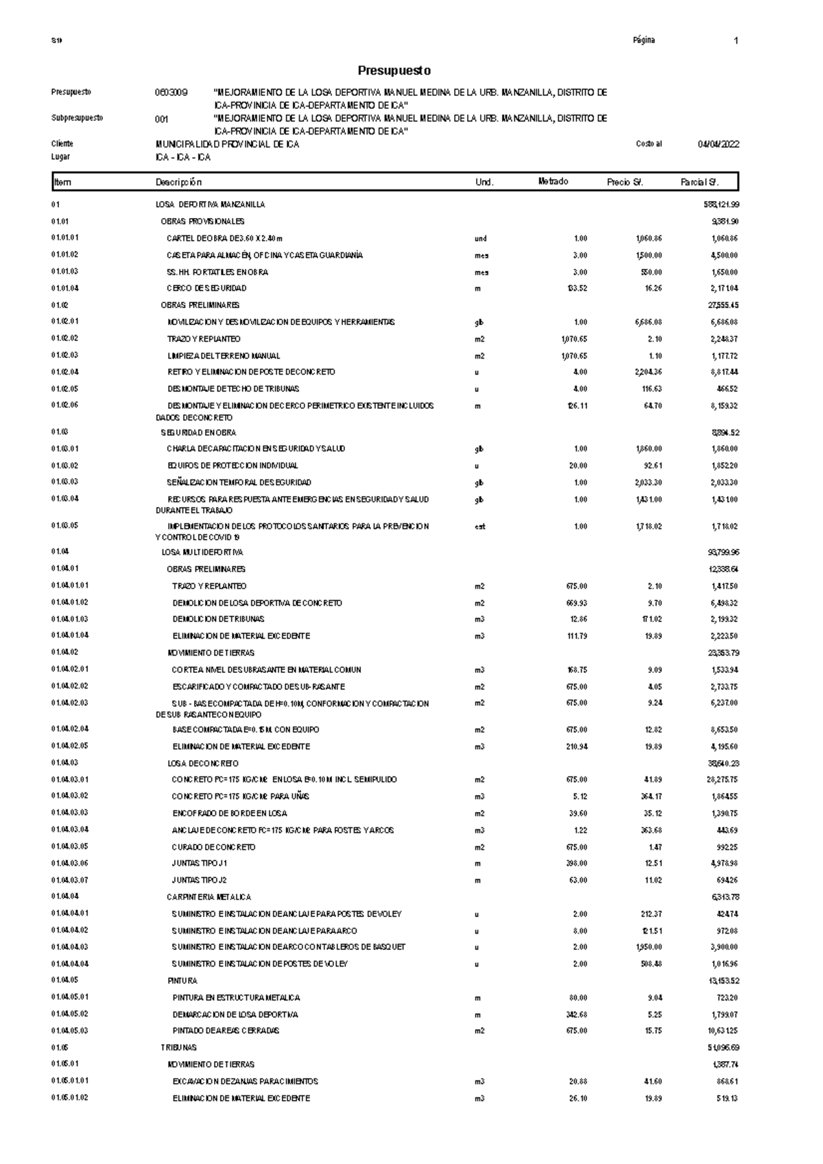 Presupuesto para Mejoramiento de Losa Deportiva Manuel Medina - ICA ...