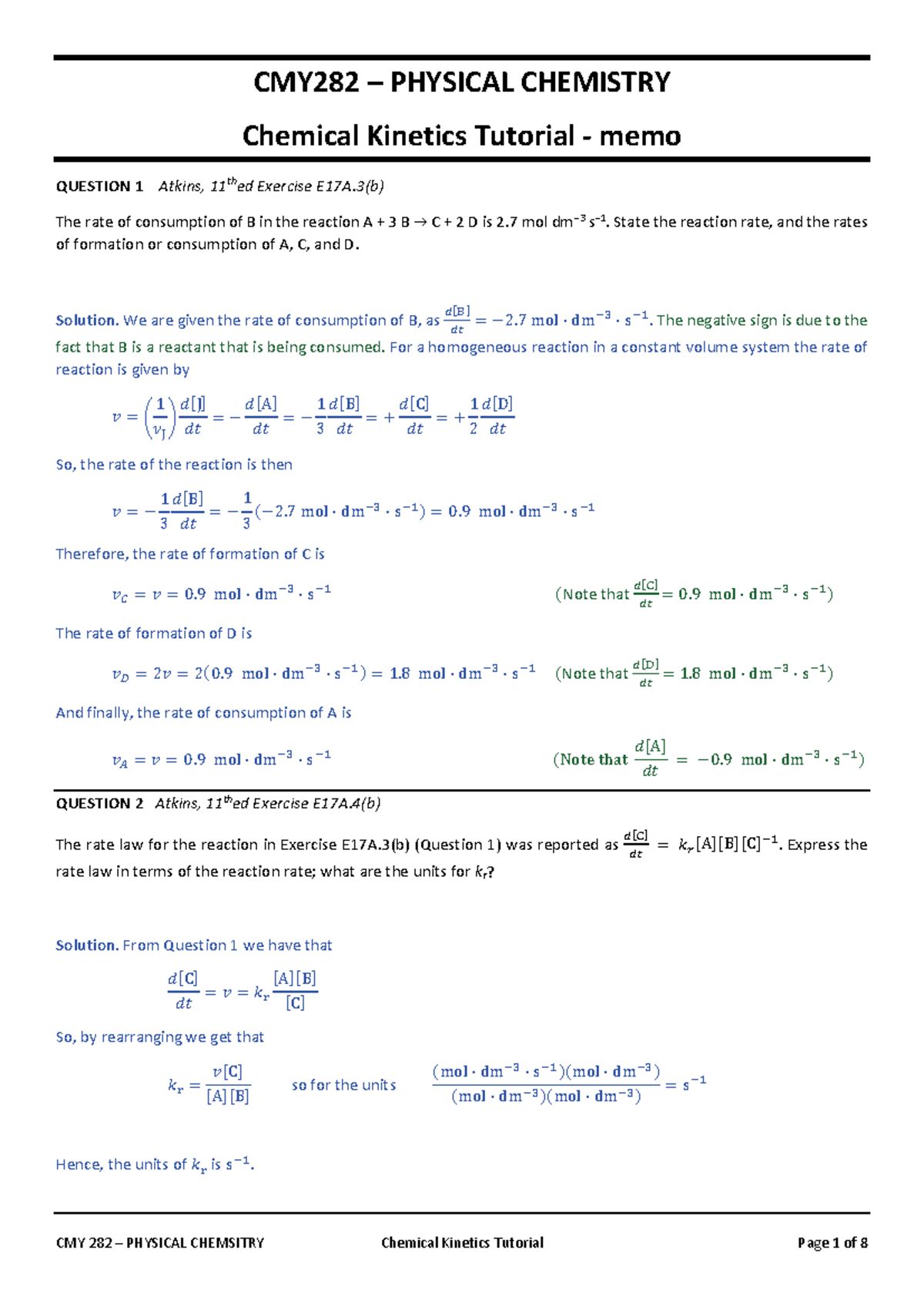 Chemical Kinetics Tutorial Memo for CMY 282 - Studocu