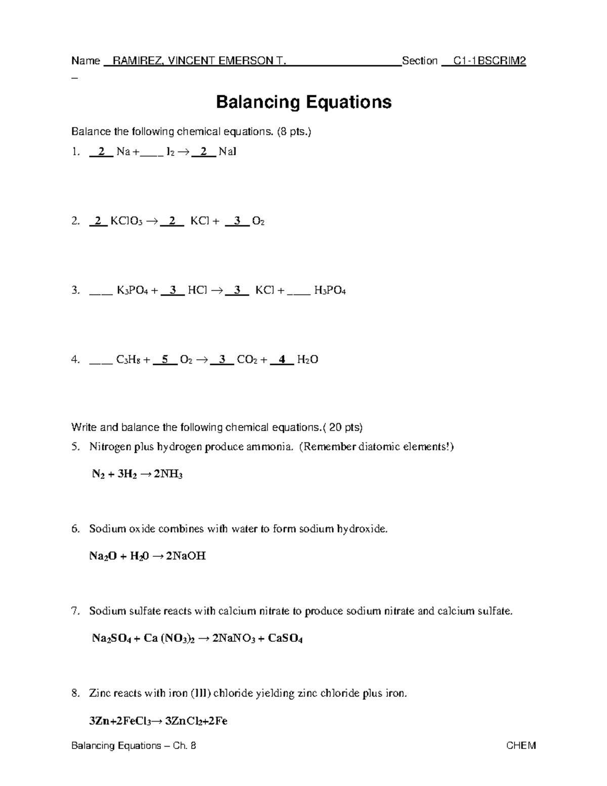 Chemical-Equation - nice - Balancing Equations – Ch. 8 CHEM Name ...