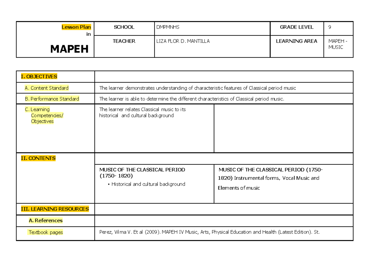 Q2 Grade 9 MAPEH Music Lesson Plan: Classical Period Overview - Studocu