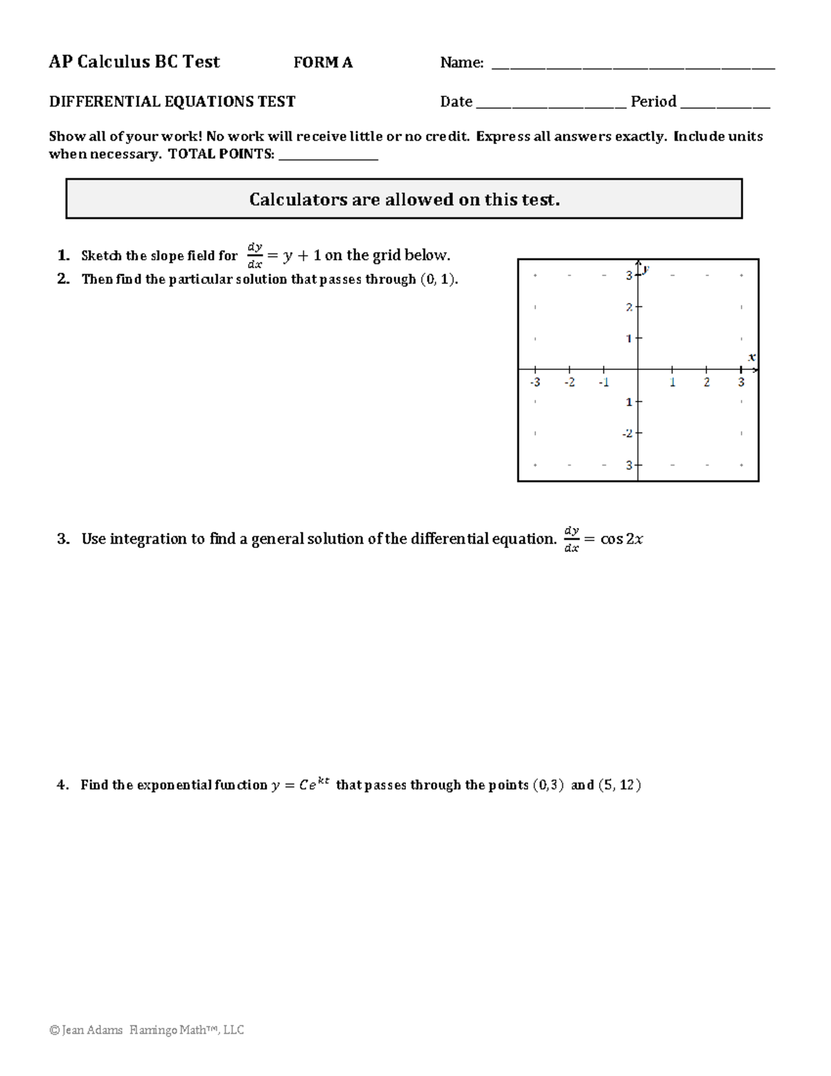 Unit 7 BC Test A - Covers everything on differential equations (unit 7 ...