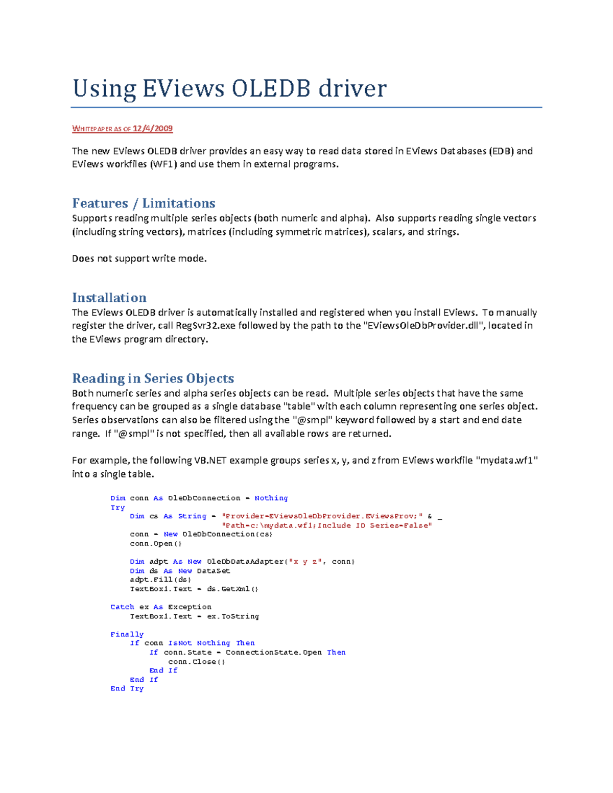 EViews OLEDB Driver Overview and Usage Guide - Studocu