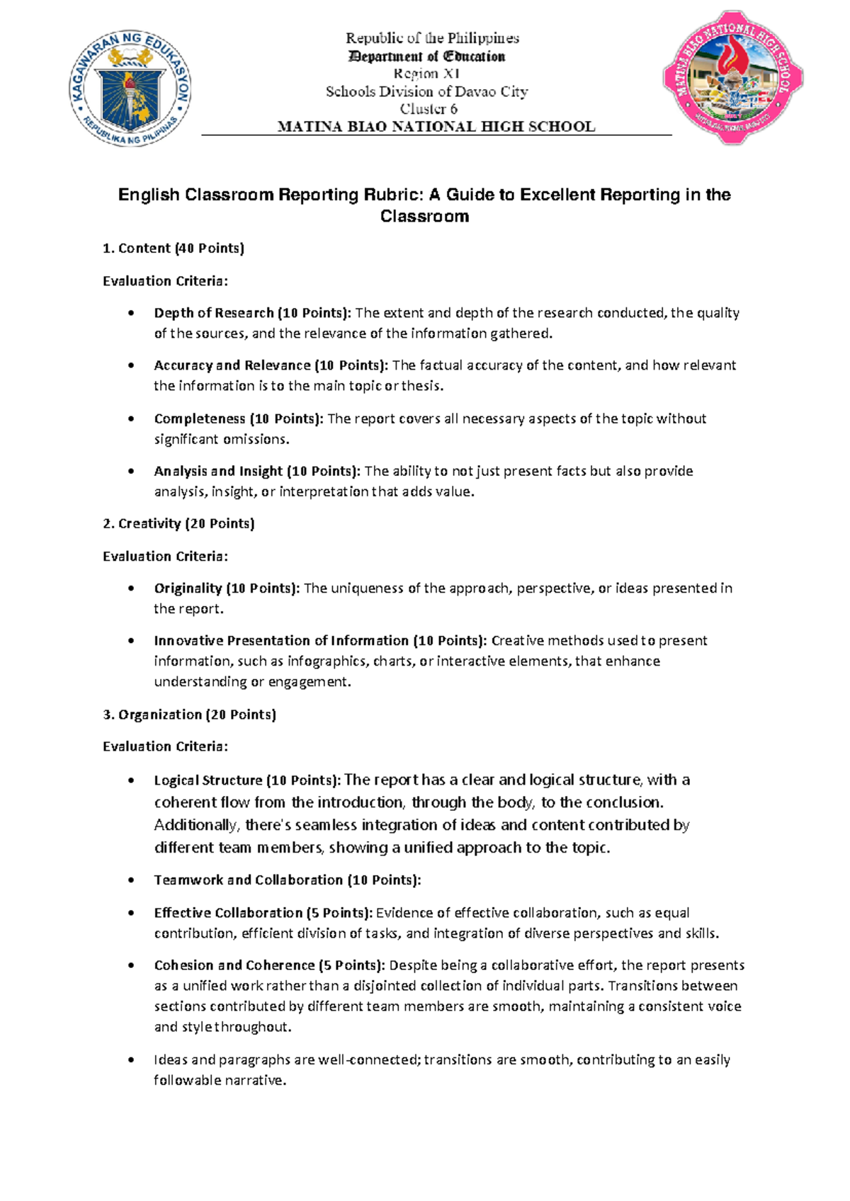 English Classroom Reporting Rubric: A Comprehensive Evaluation Guide ...
