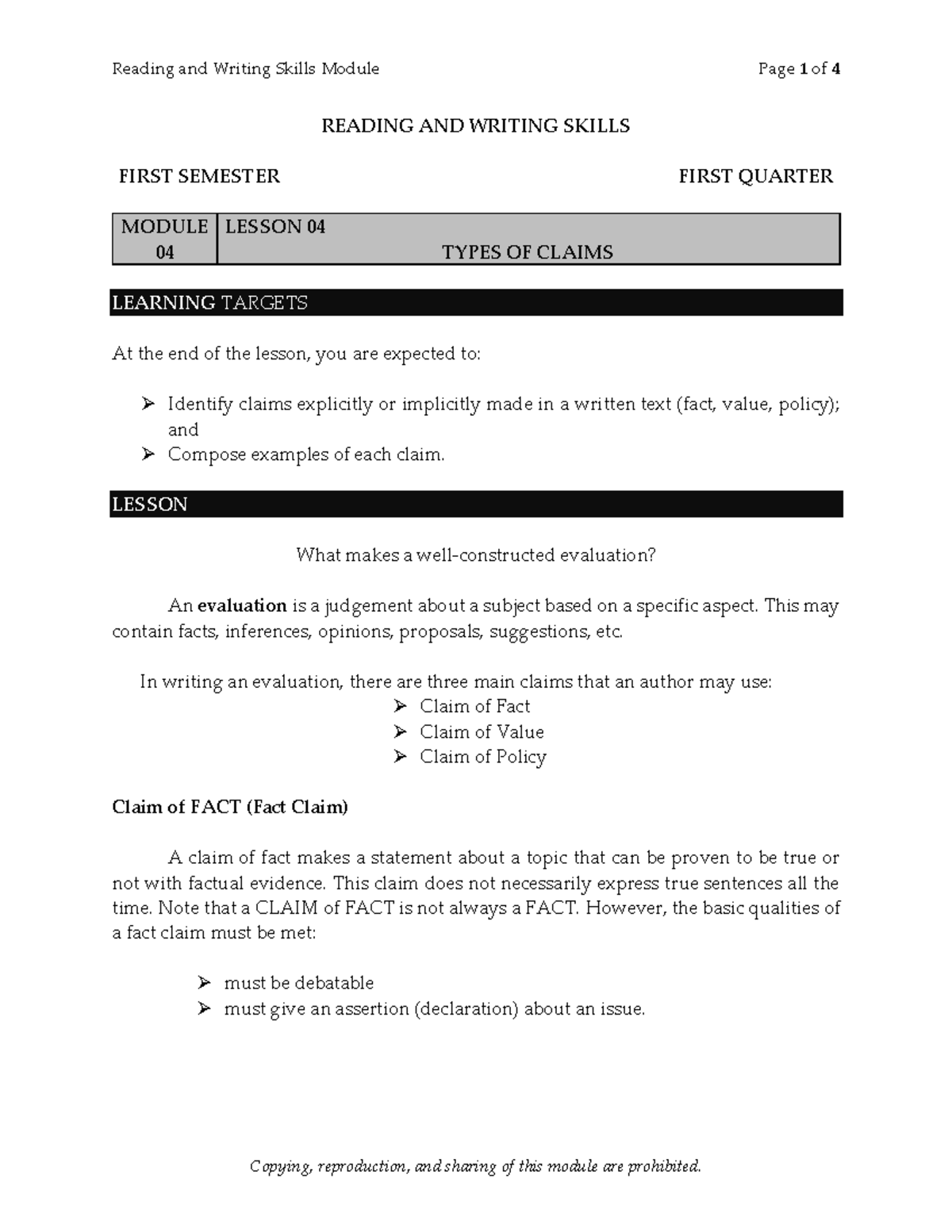 RWS M4 Lesson 04: Understanding Types of Claims in Writing - Studocu