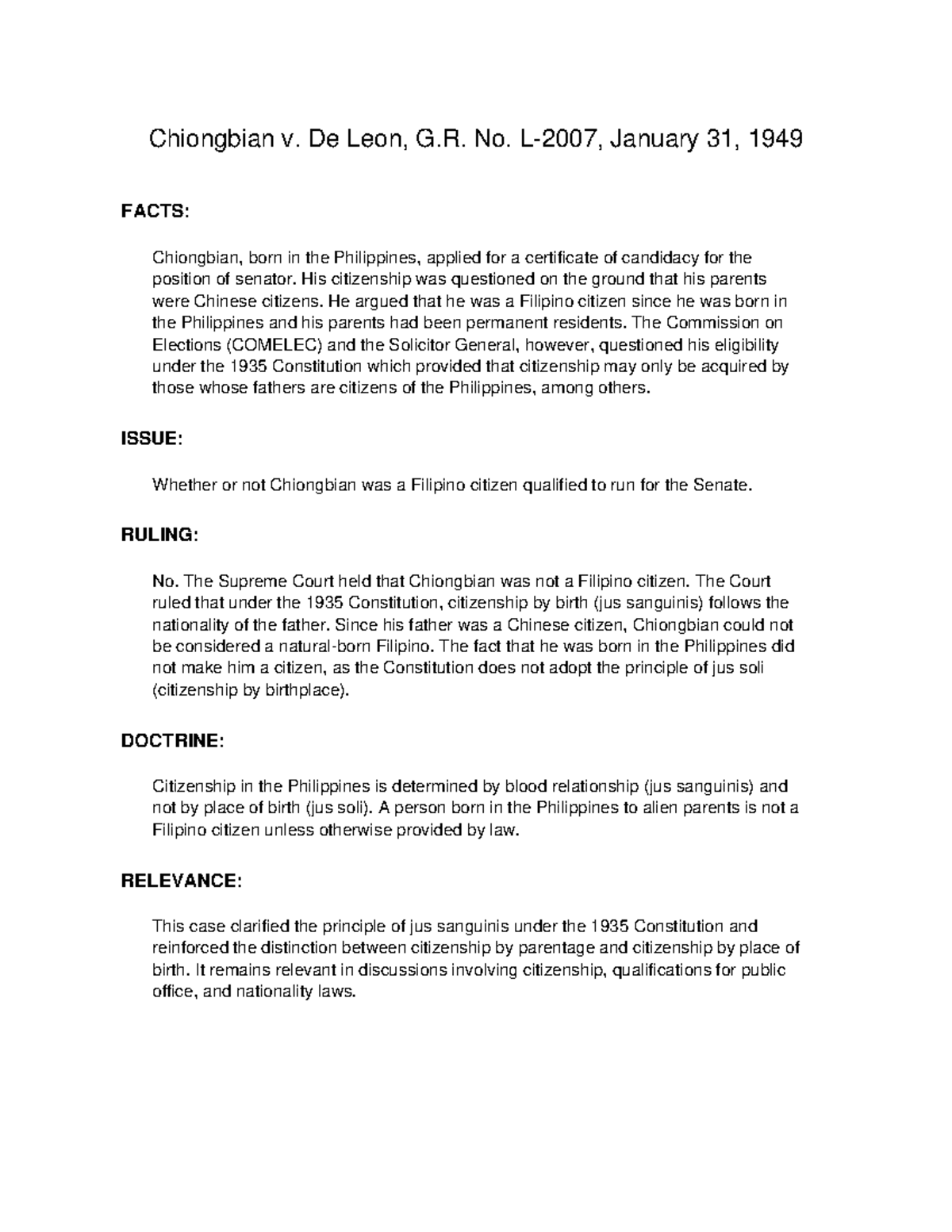 Chiongbian v. De Leon, G.R. No. 1949 Case Digest on Citizenship - Studocu