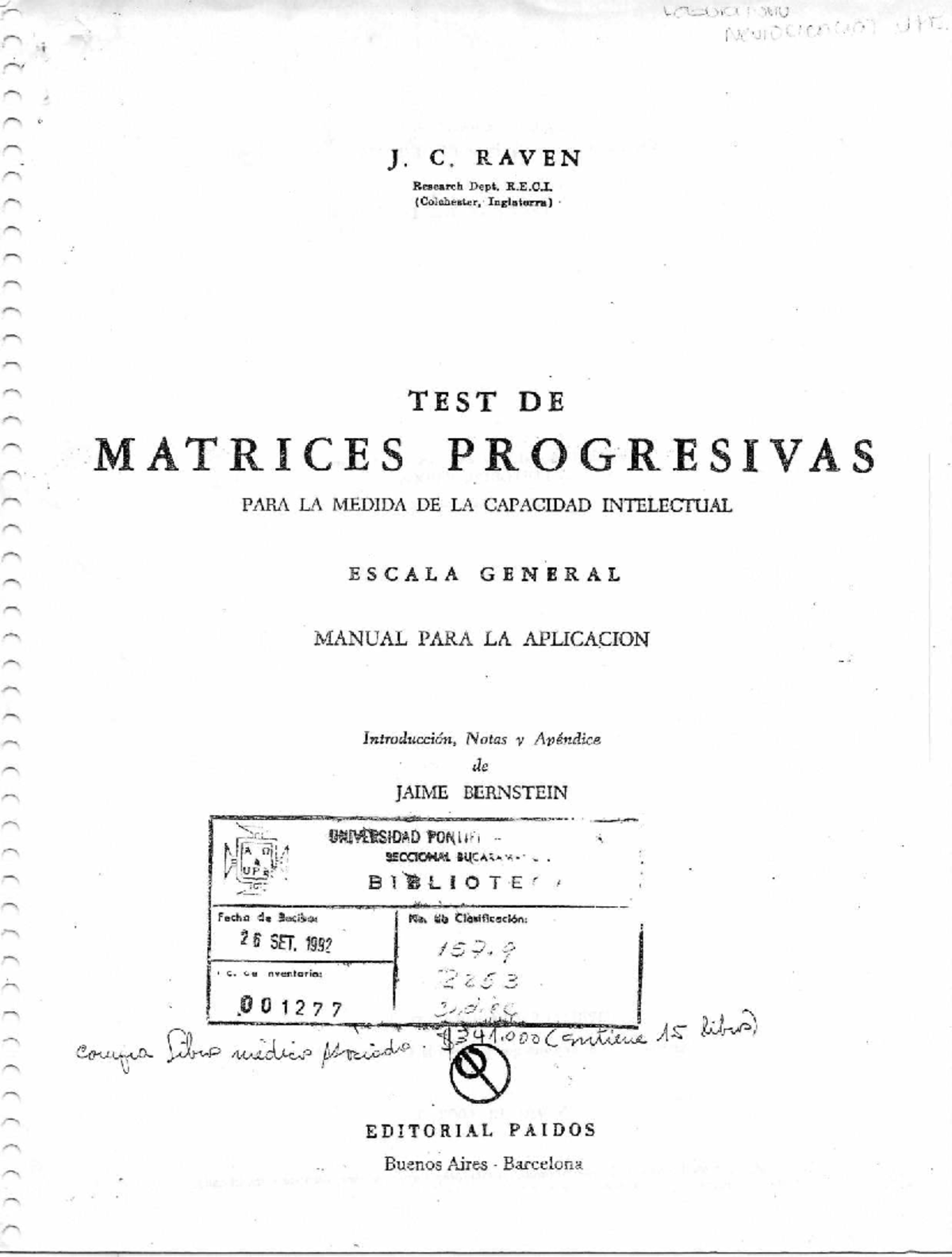 Manual del Test de Matrices Progresivas de J. C. Raven (R.E.C.I.) - Studocu