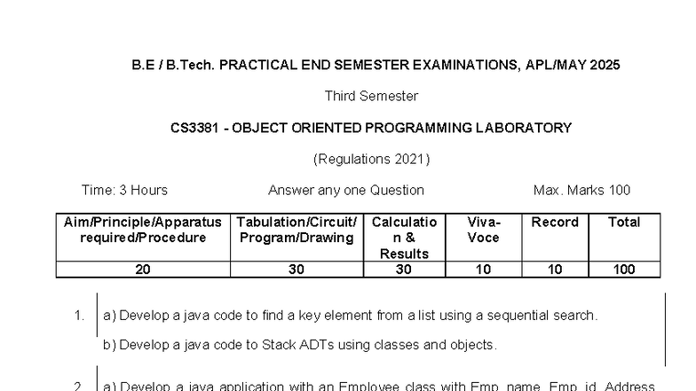 B.E B.Tech. CS3381 OOPS Lab Practical Exam Questions - Sem 3, 2025 - Studocu
