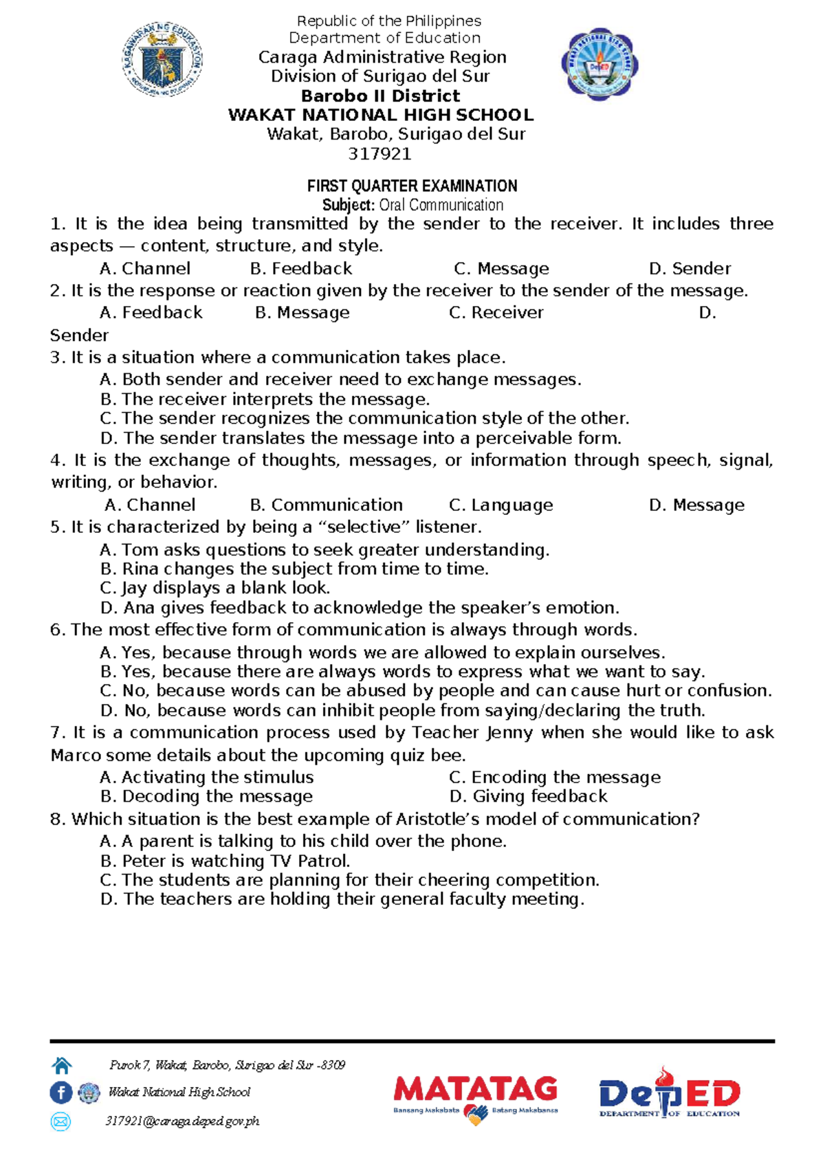 ORAL COMMUNICATION 1st QTR EXAM - WAKAT NATIONAL HIGH SCHOOL - Studocu