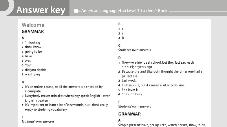 Answer Key for American Language Hub Level 3 Student's Book - Studocu