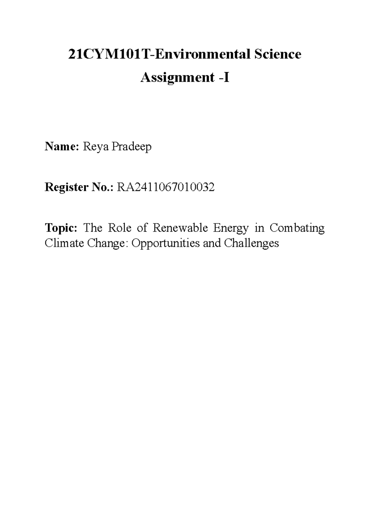 Assignment 1 EVS - 21CYM101T-Environmental Science Assignment -I Name ...