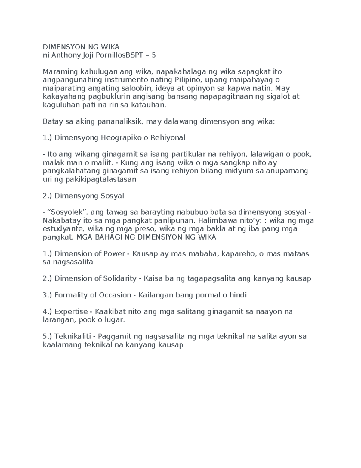 Dimensyon ng Wika: Isang Pagsusuri sa Heograpiko at Sosyal na Aspeto - Studocu