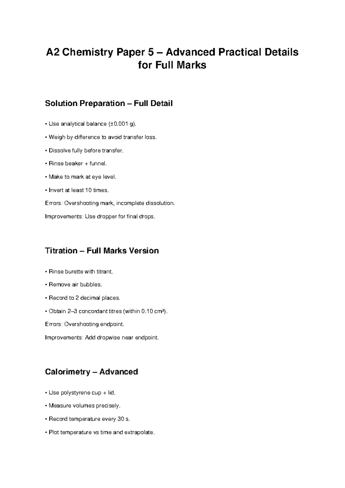 A2 Chemistry Paper 5 Advanced Practical Tips for Full Marks - Studocu