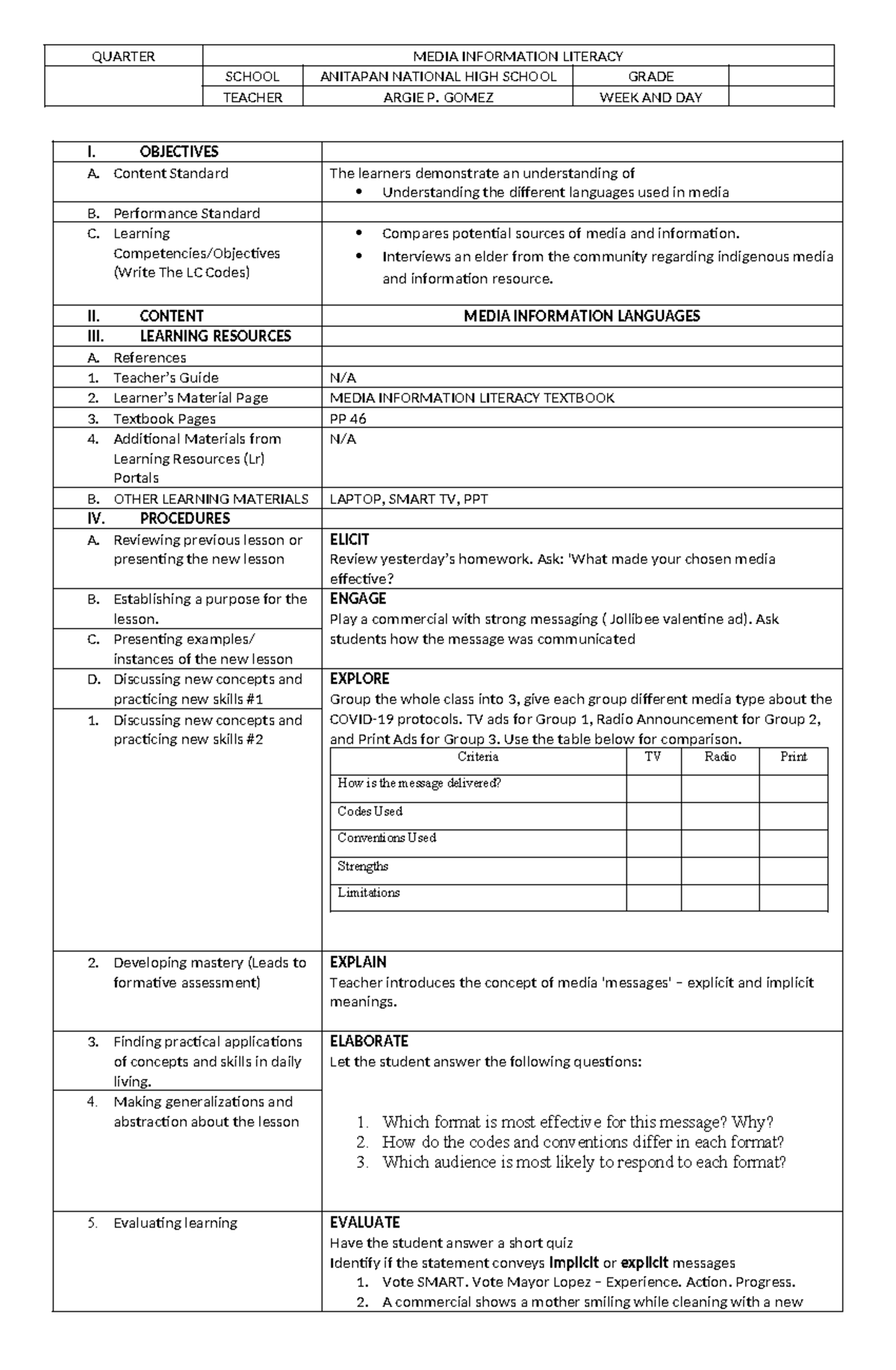 MIL 6.2 - Media and Information Literacy Lesson Plan - Studocu