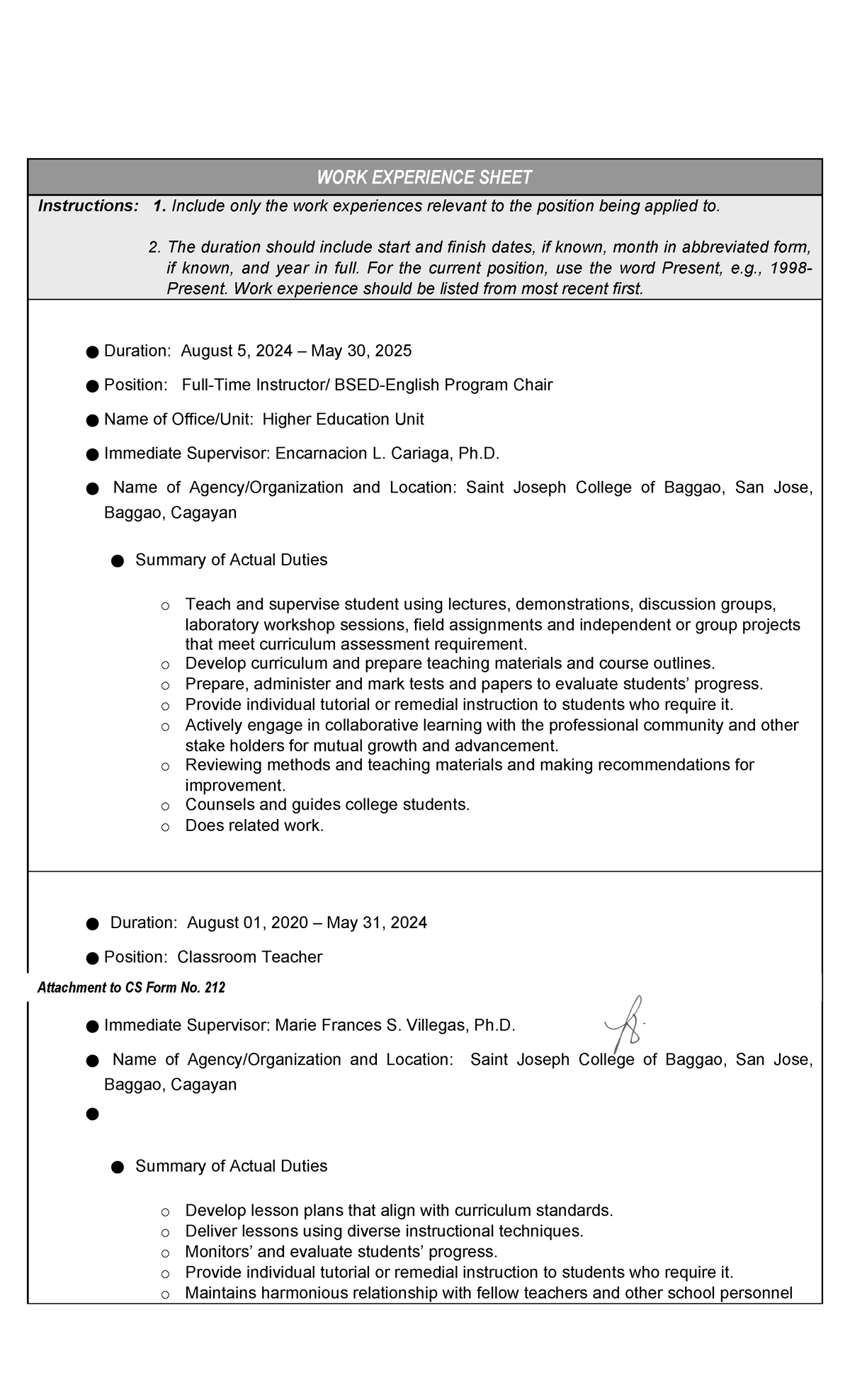 WES - Work Experience Sheet for Teaching Positions - Studocu