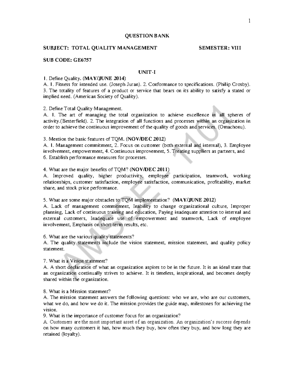 Question Bank: Total Quality Management (GE6757) - Key Concepts and ...