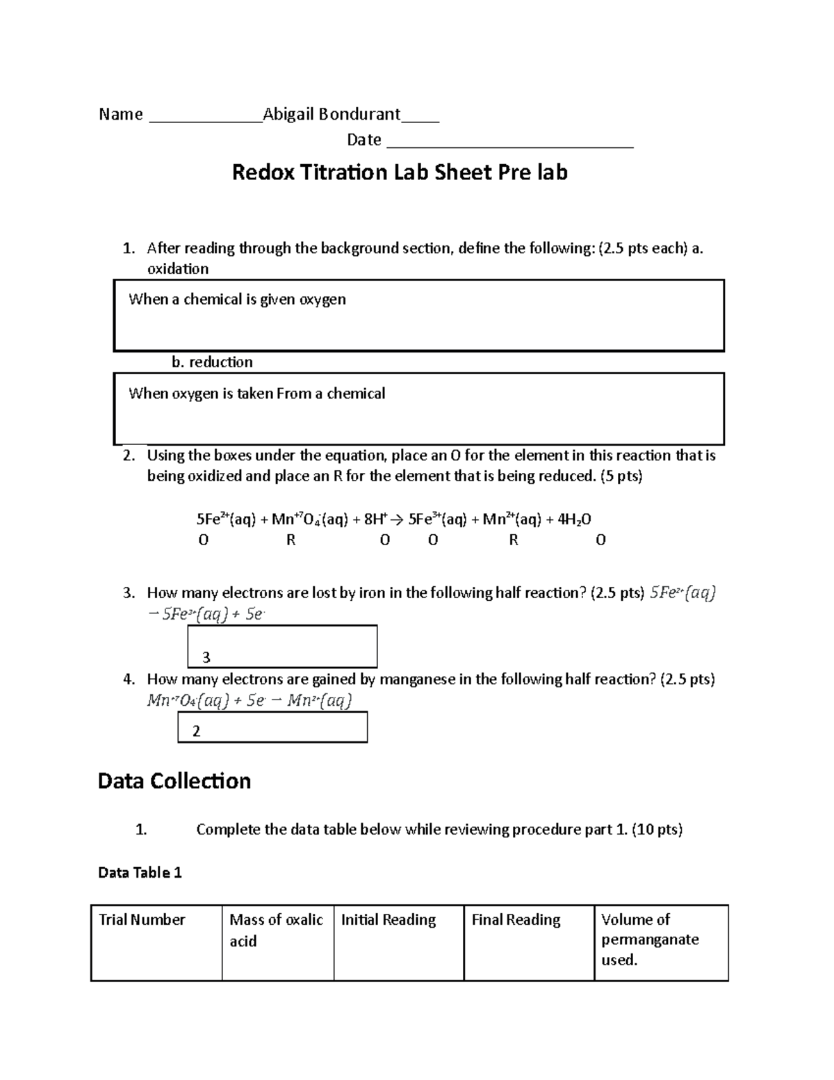 Redox+Titration 101 - redox lab - Name ________Abigail Bondurant Date
