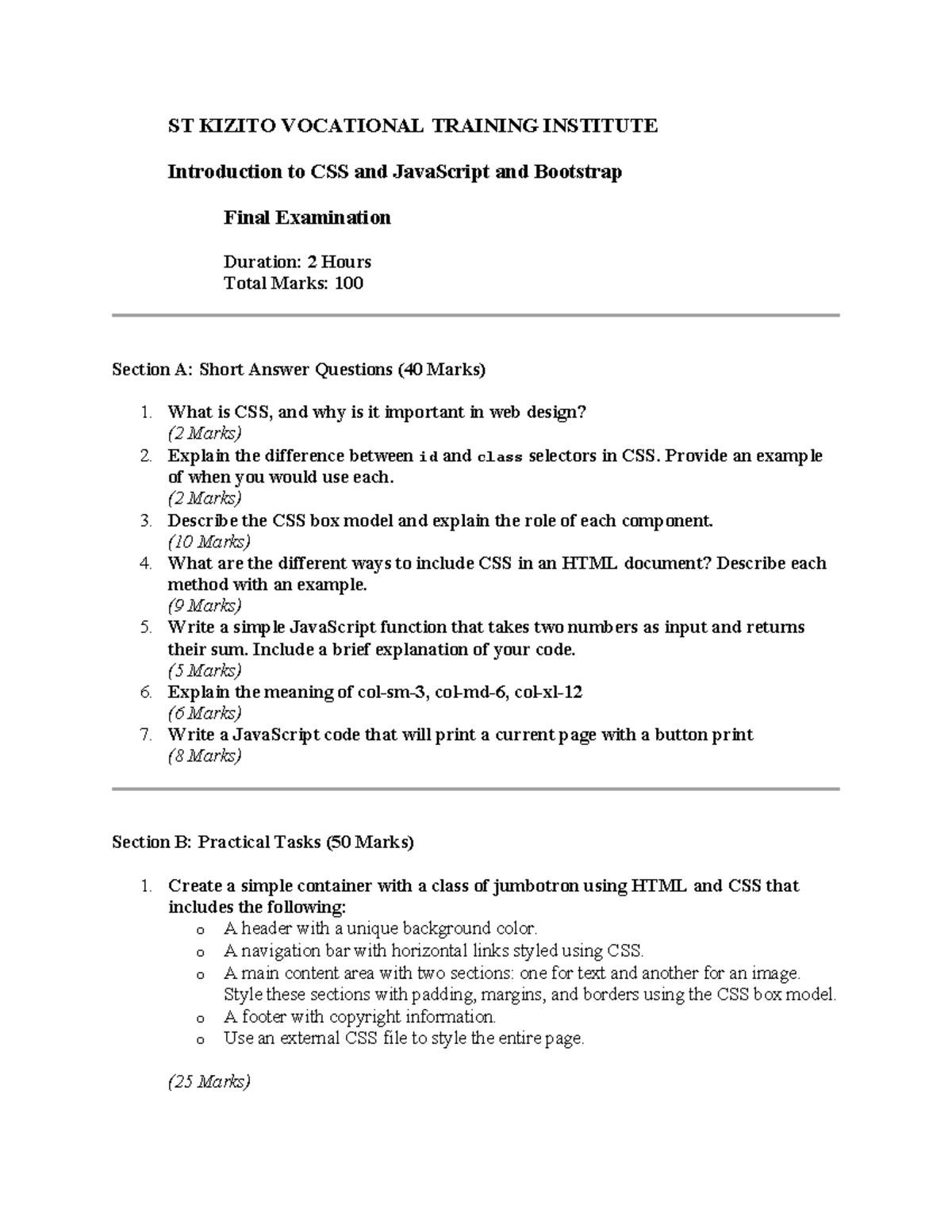 Final html exmas - Html exams - ST KIZITO VOCATIONAL TRAINING INSTITUTE ...