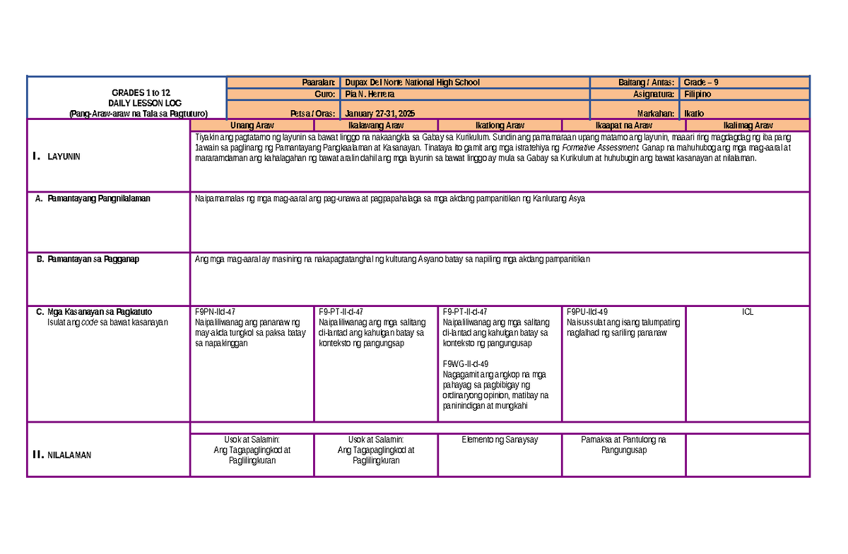 Aralin 4 - dll - GRADES 1 to 12 DAILY LESSON LOG (Pang-Araw-araw na ...