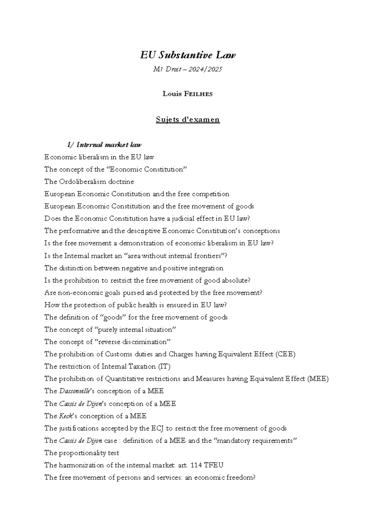 EU Substantive Law M1: Oral Exam Topics 2024-2025 - Studocu