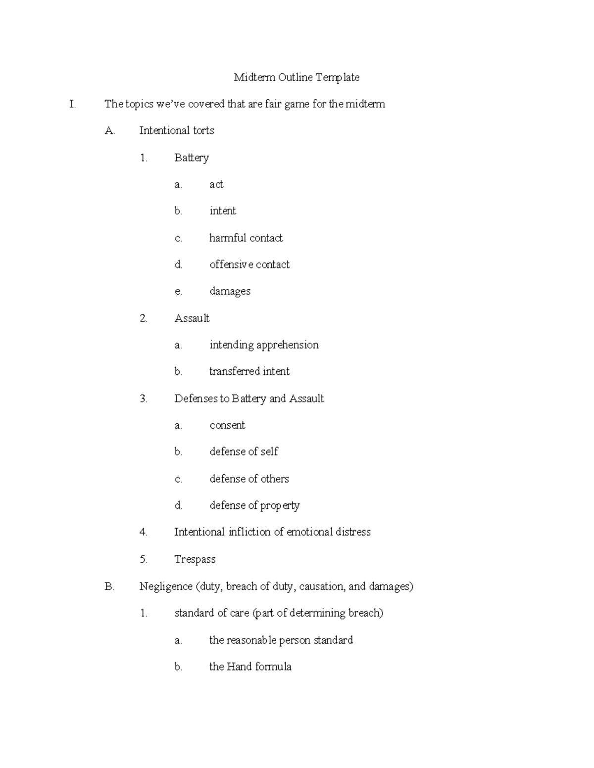 Midterm Outline Template 2025: Intentional Torts & Negligence - Studocu