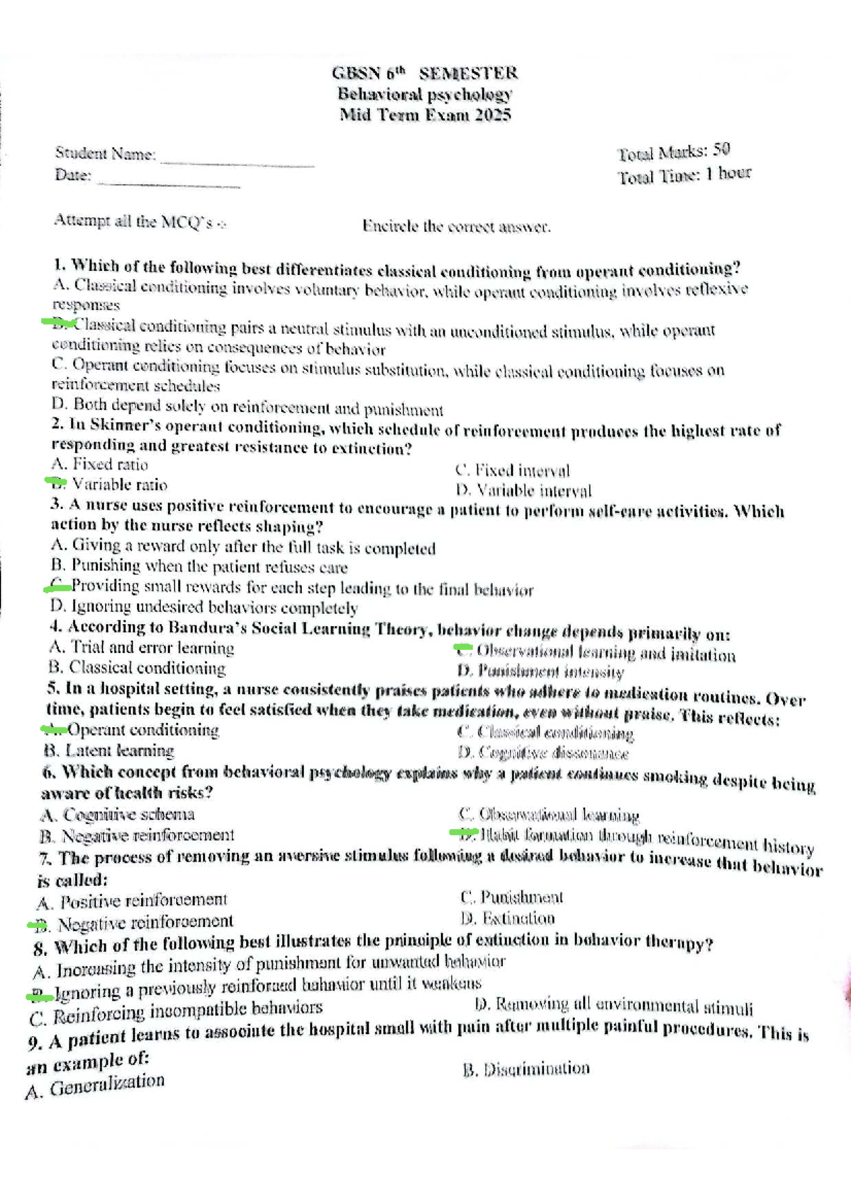 GBSN 6th SEMESTER Behavioral Psychology Midterm Exam Review 2025 - Studocu