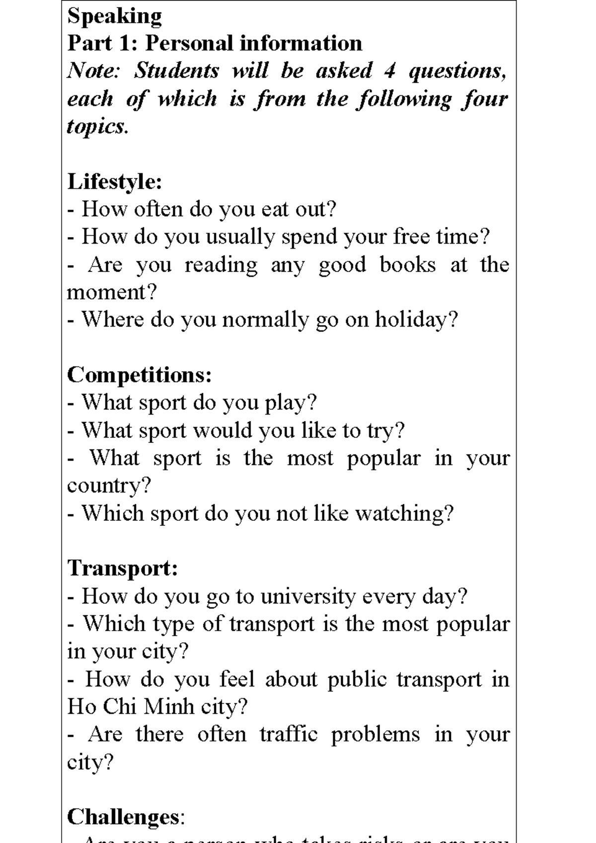 Speaking Part 1: Personal Info & Topics for Test - Studocu