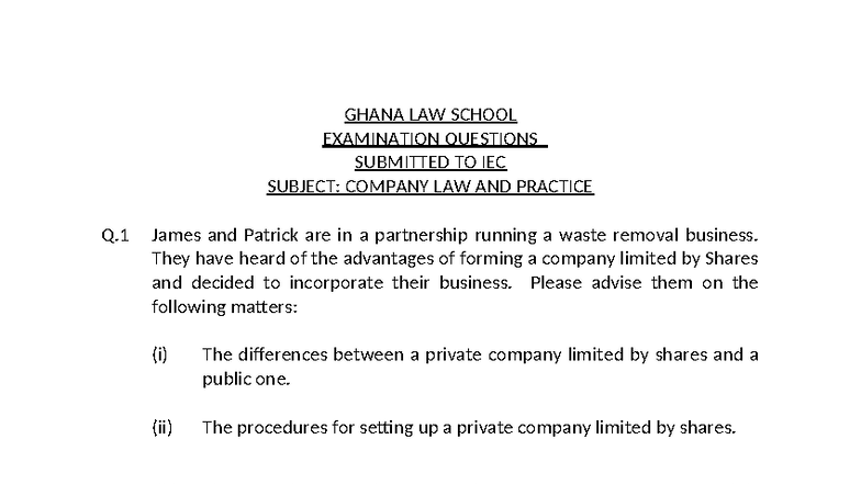 Ghana Law School - Company Law & Practice Exam Questions (IEC) - Studocu