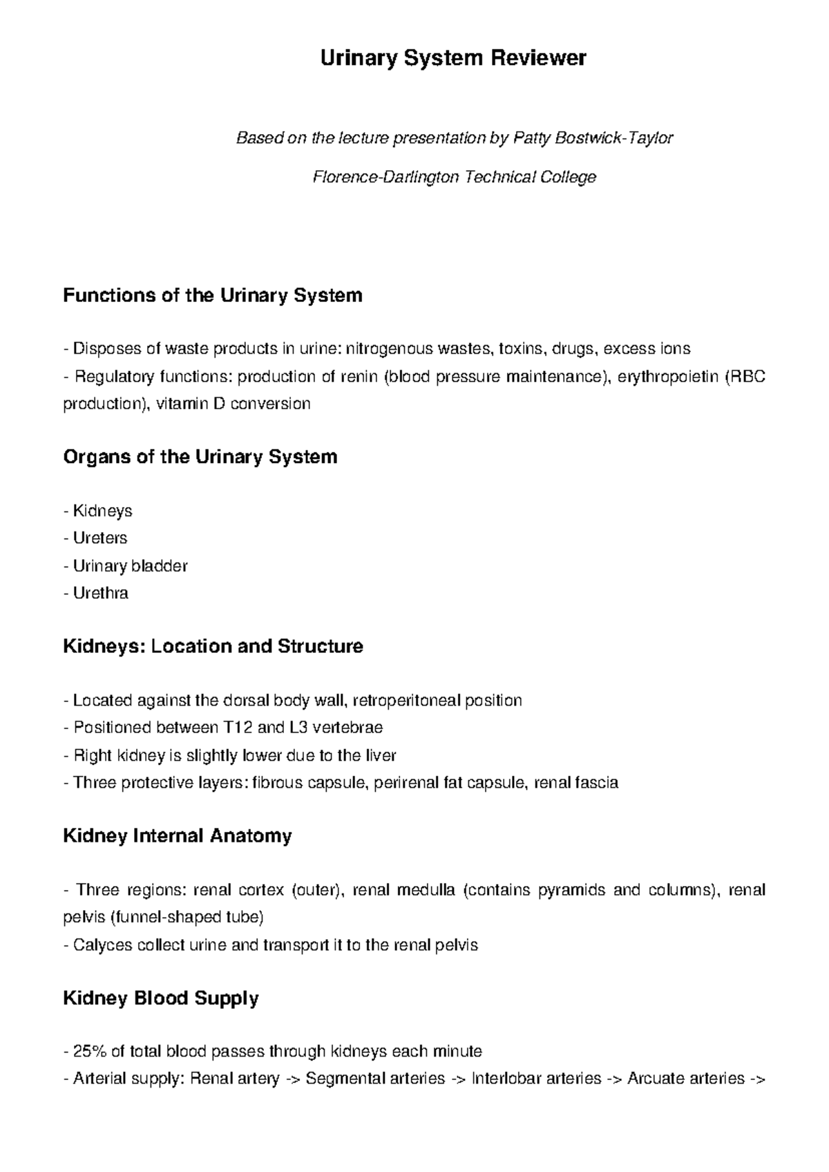 Urinary System Review: Functions, Anatomy & Urine Formation - Studocu