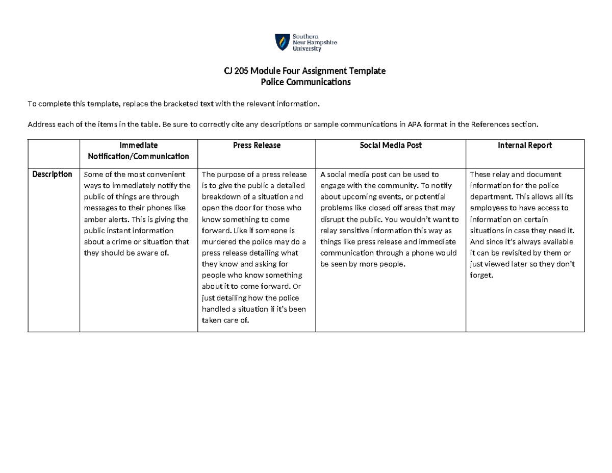 CJ 205 Module 4 Assignment: Police Communications Strategies - Studocu