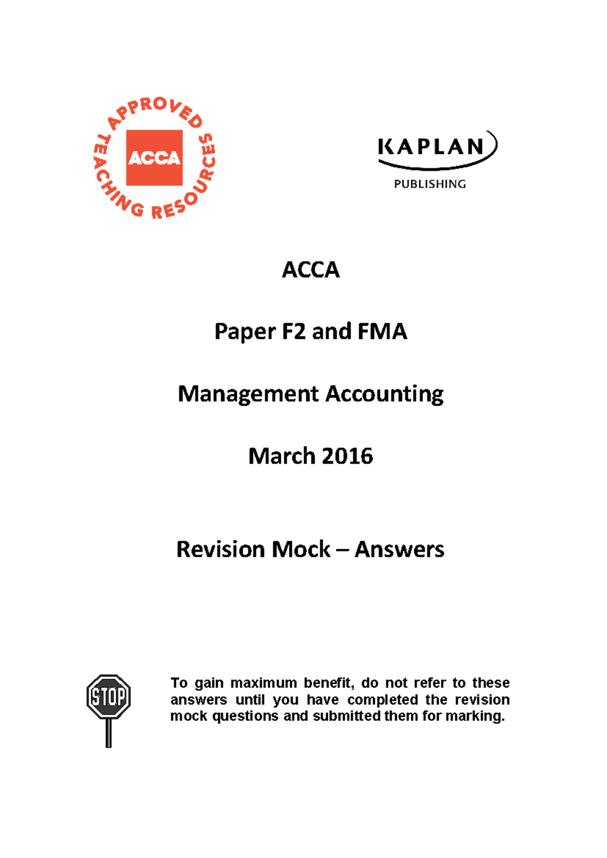 ACCA F2-FMA Revision Mock - Answers M16 - ACCA Paper F2 and FMA ...