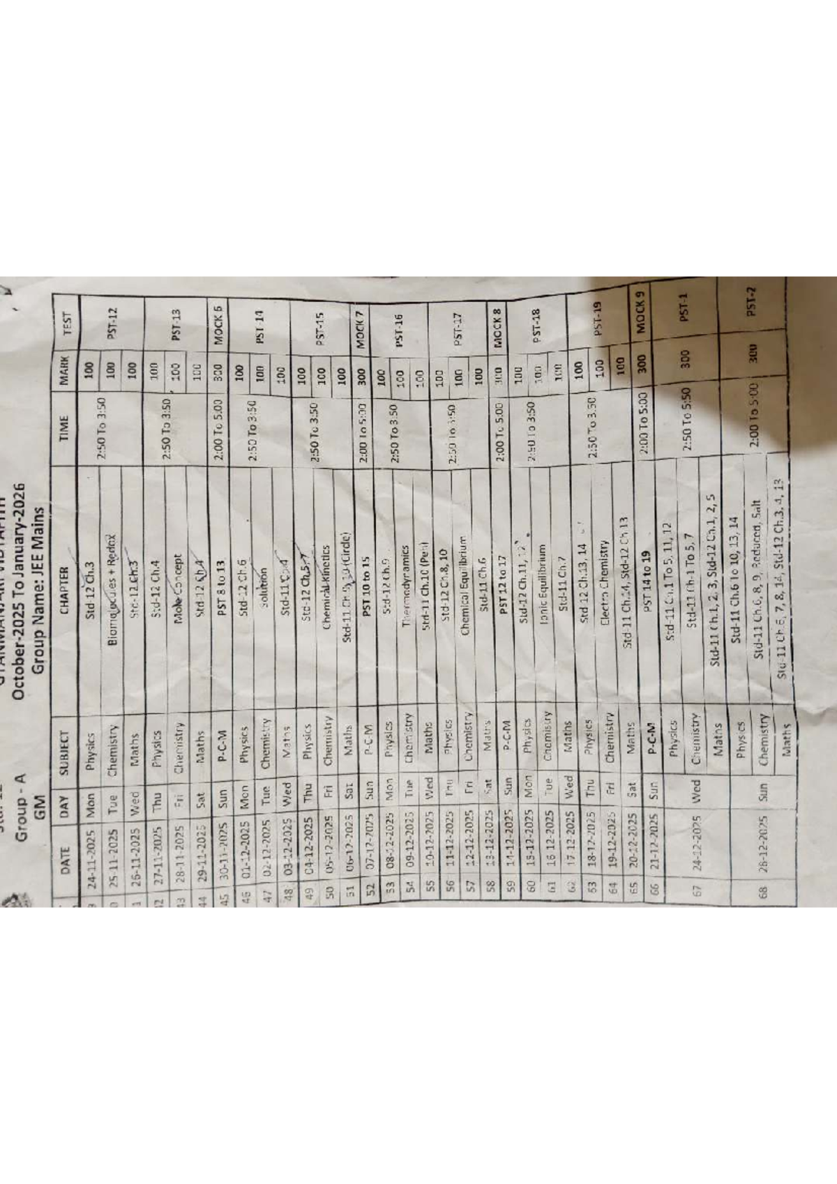 JEE Mains Test Schedule: Group A Mock Exams and Subjects - Studocu