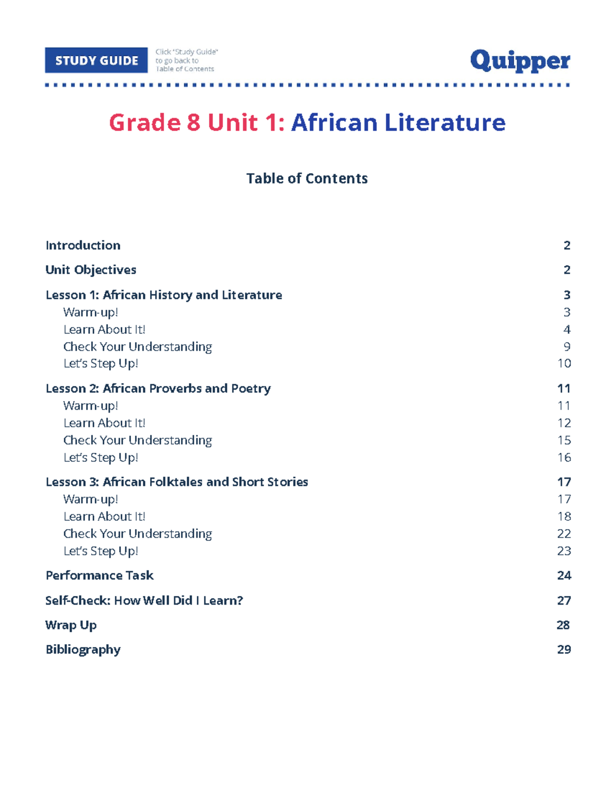 Grade 8 English Unit 1: Exploring African Literature and Culture - Studocu