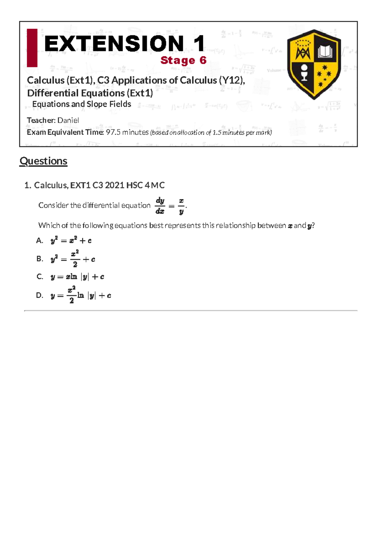C3 Differential Equations & Slope Fields - EXT1 Stage 6 Calculus Exam ...