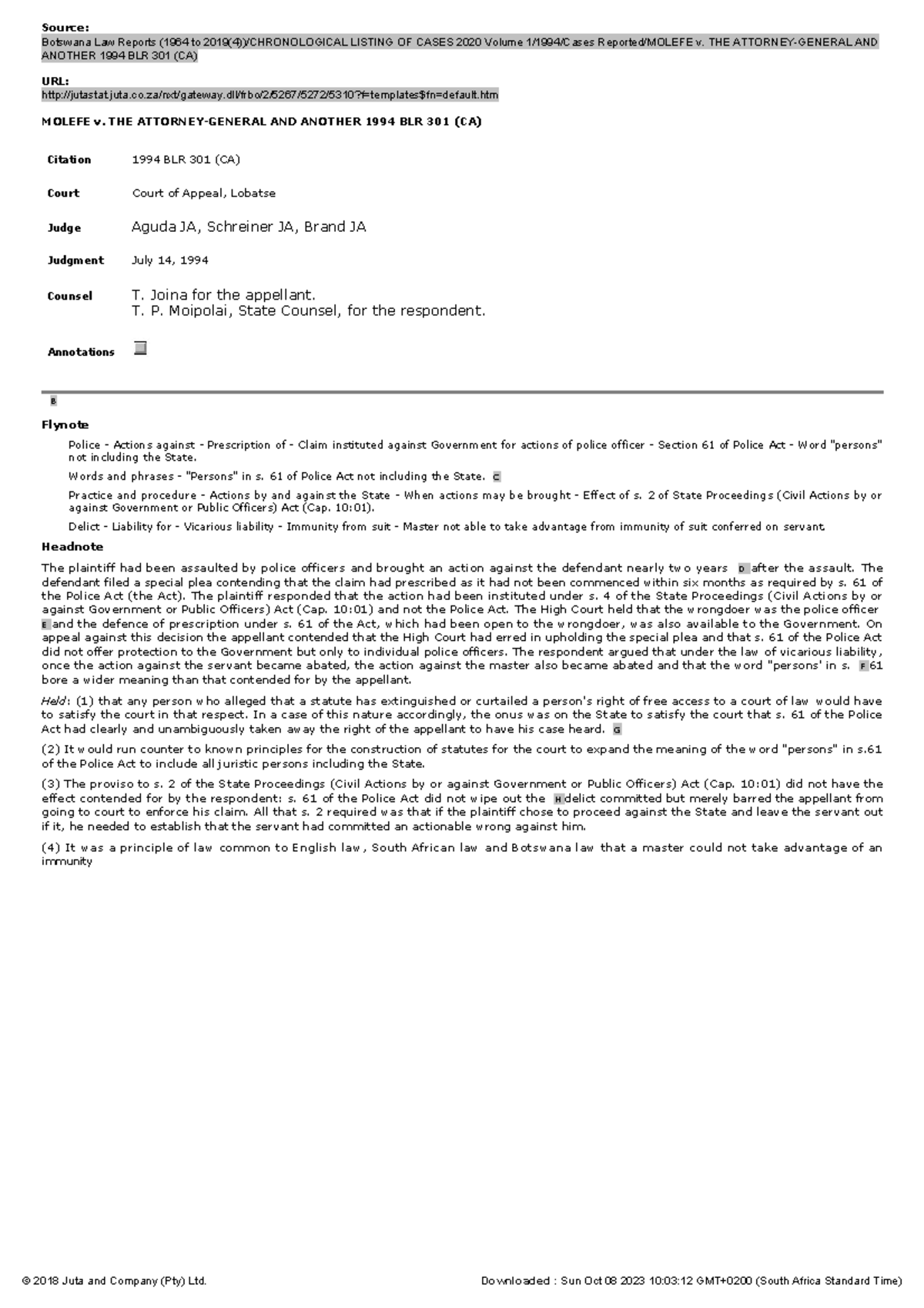 Molefe v. Attorney General - Appeal Judgment Analysis (1994 BLR 301 CA ...