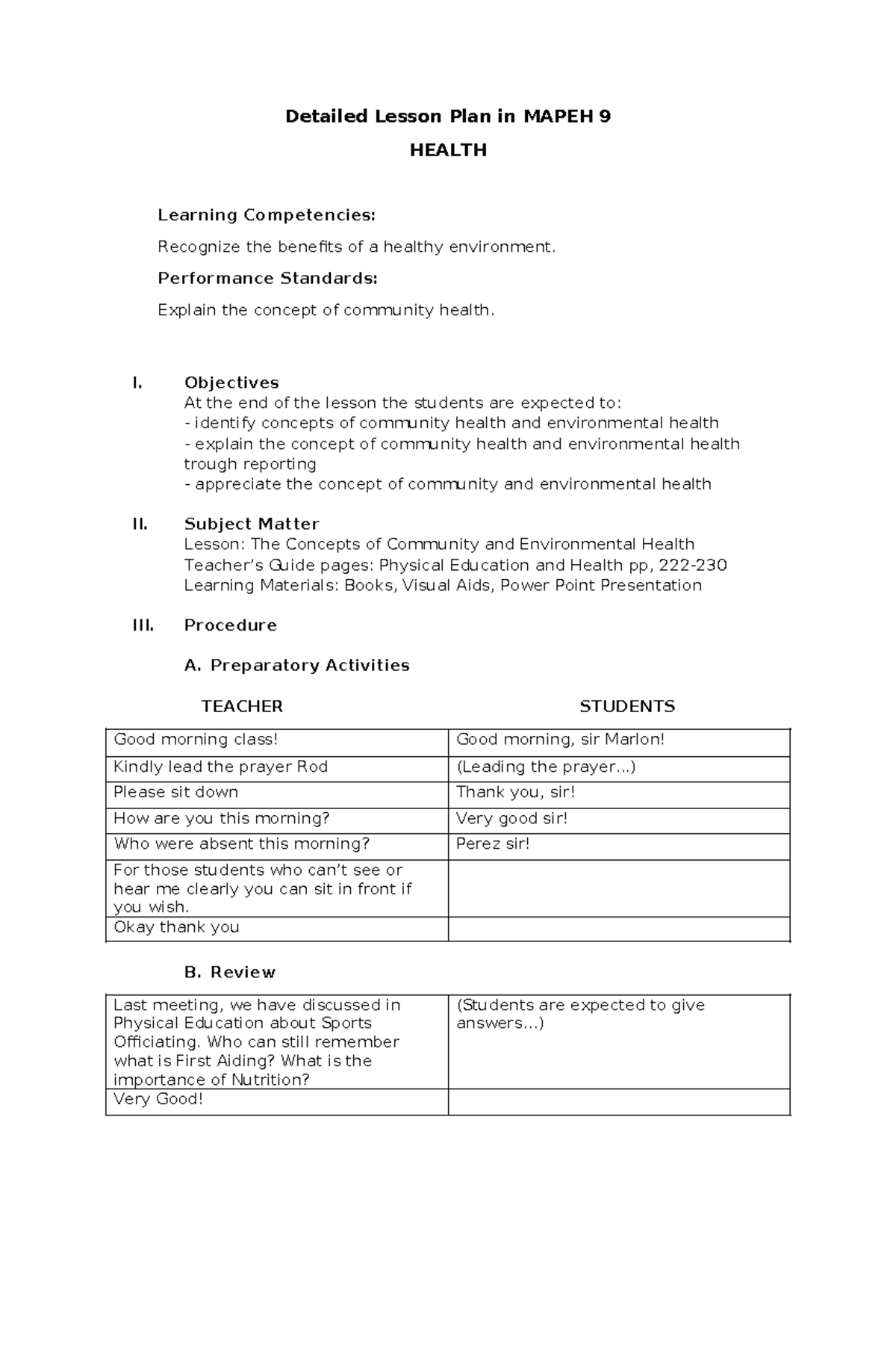 Detailed Lesson Plan in MAPEH 9: Community & Environmental Health - Studocu