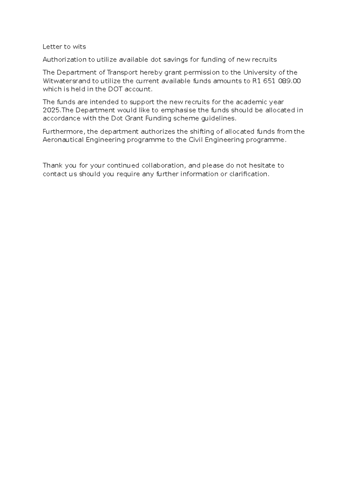 Authorization Letter for DOT Fund Allocation to Wits University - Studocu