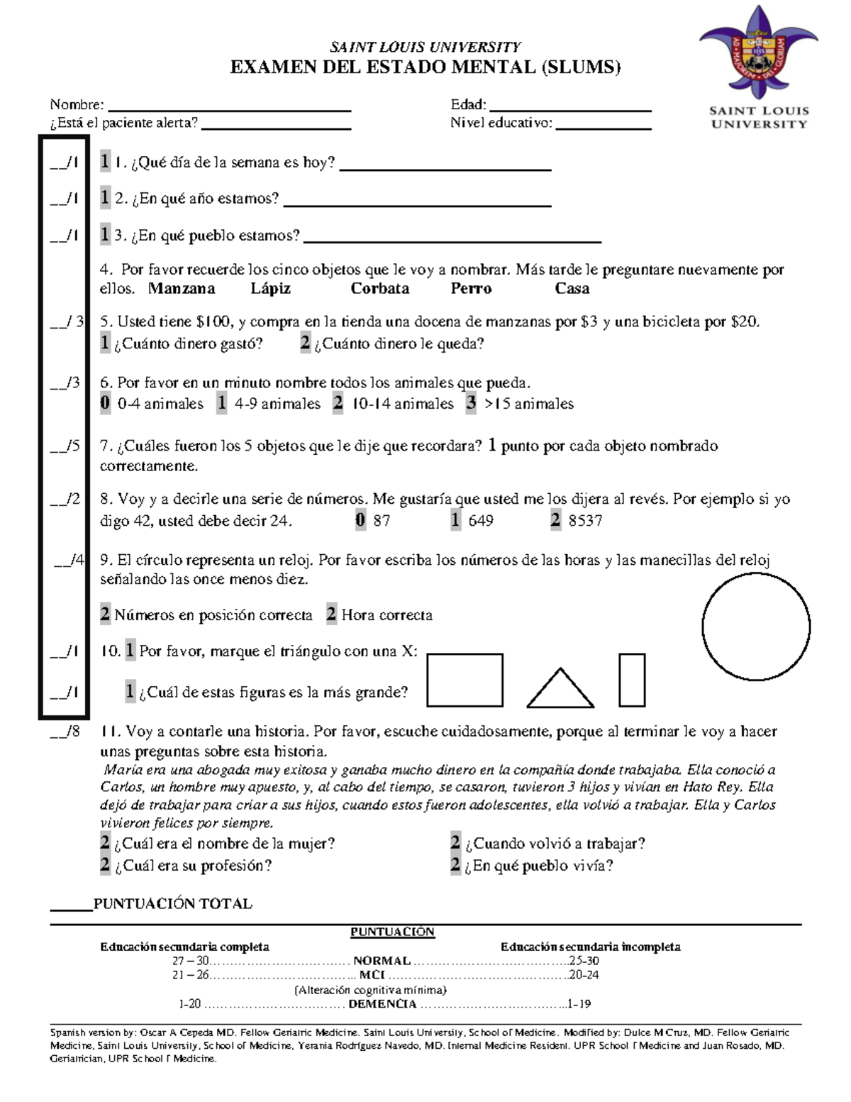 SLUMS Examen Mental para Adultos Mayores - Saint Louis University - Studocu